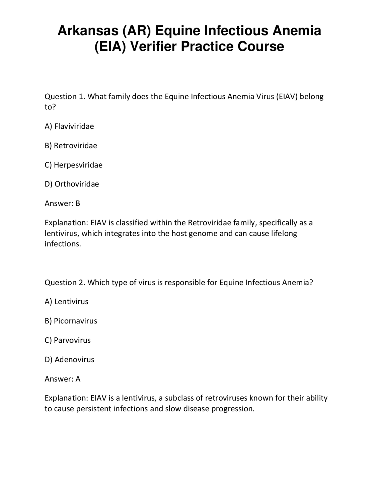 Arkansas (AR) Equine Infectious Anemia (EIA) Verifier Practice Course ...