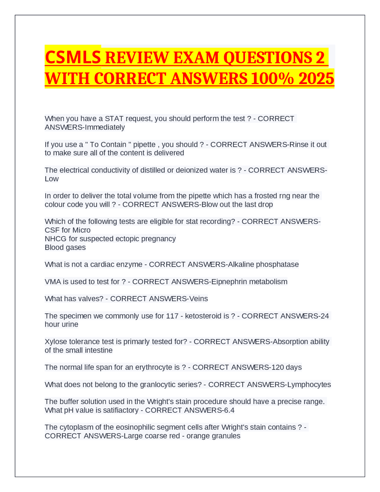 CSMLS REVIEW EXAM QUESTIONS 2 WITH CORRECT ANSWERS 100% 2025 | Exams ...