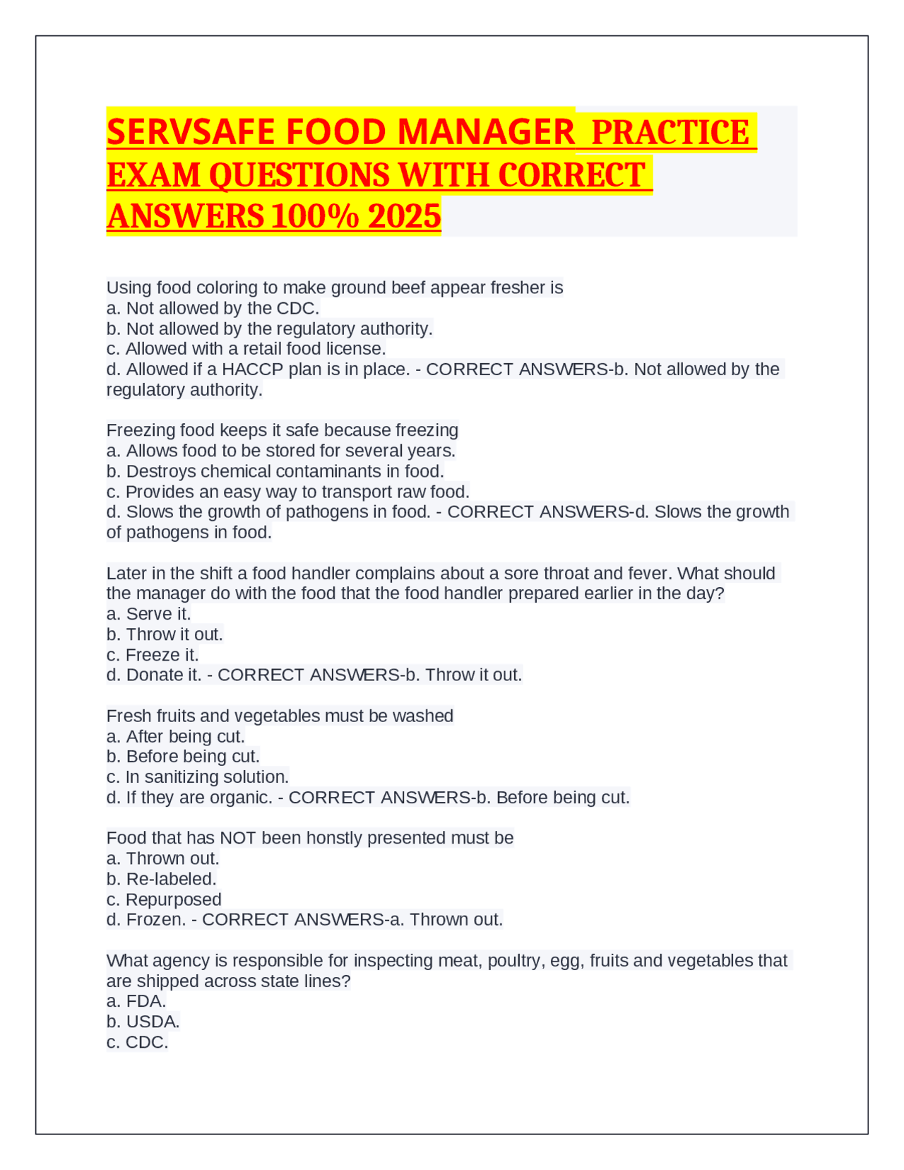 SERVSAFE FOOD MANAGER PRACTICE EXAM QUESTIONS WITH CORRECT ANSWERS 100% ...