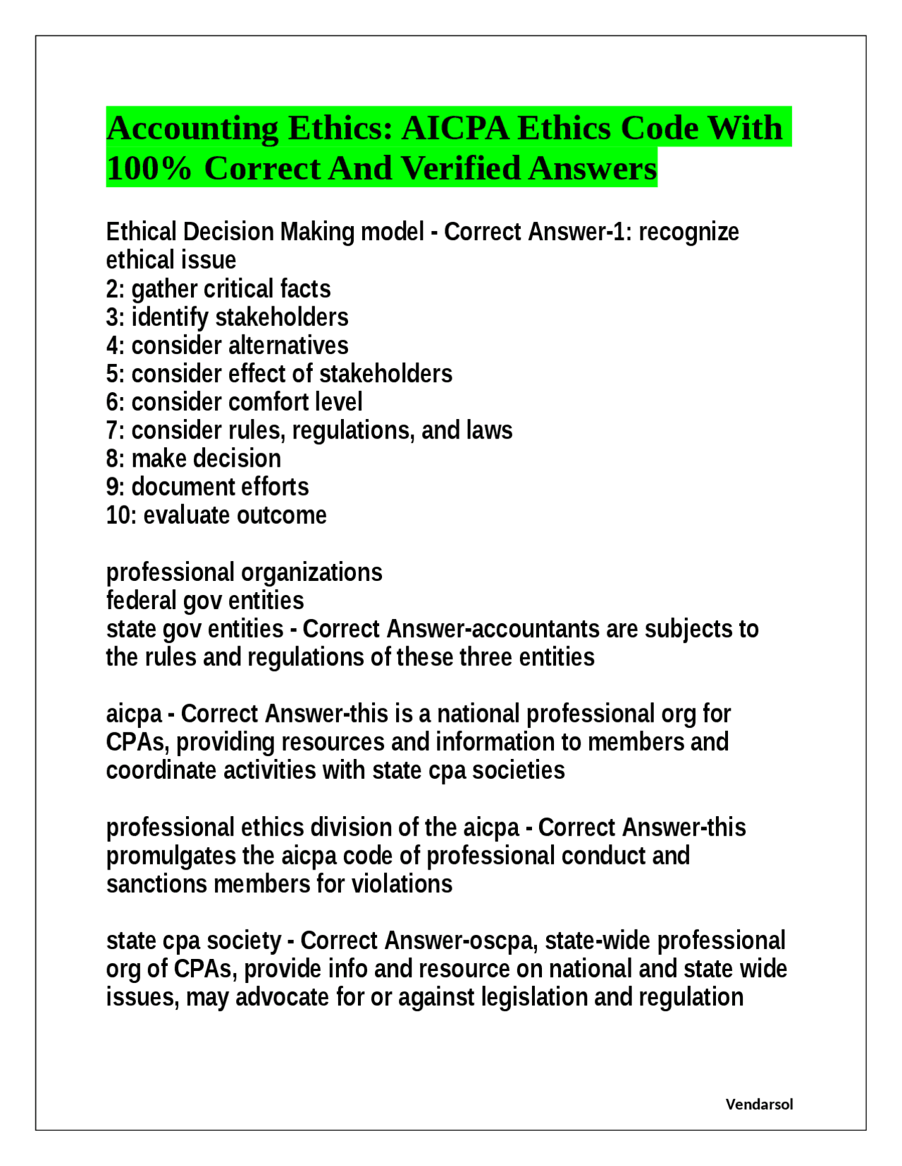 Accounting Ethics: AICPA Code of Conduct Guide | Exams Advanced Education | Docsity