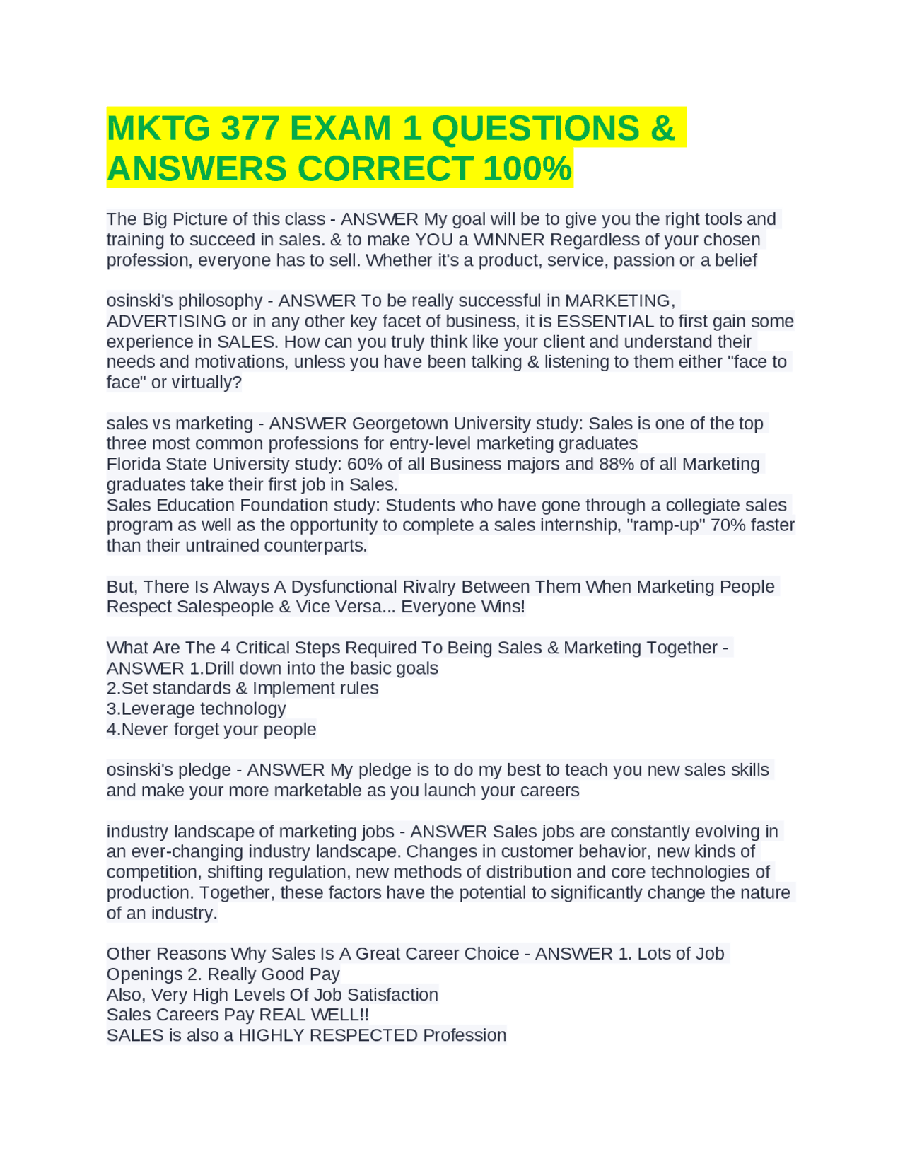 MKTG 377 EXAM 1 QUESTIONS & ANSWERS CORRECT 100% | Exams Marketing ...