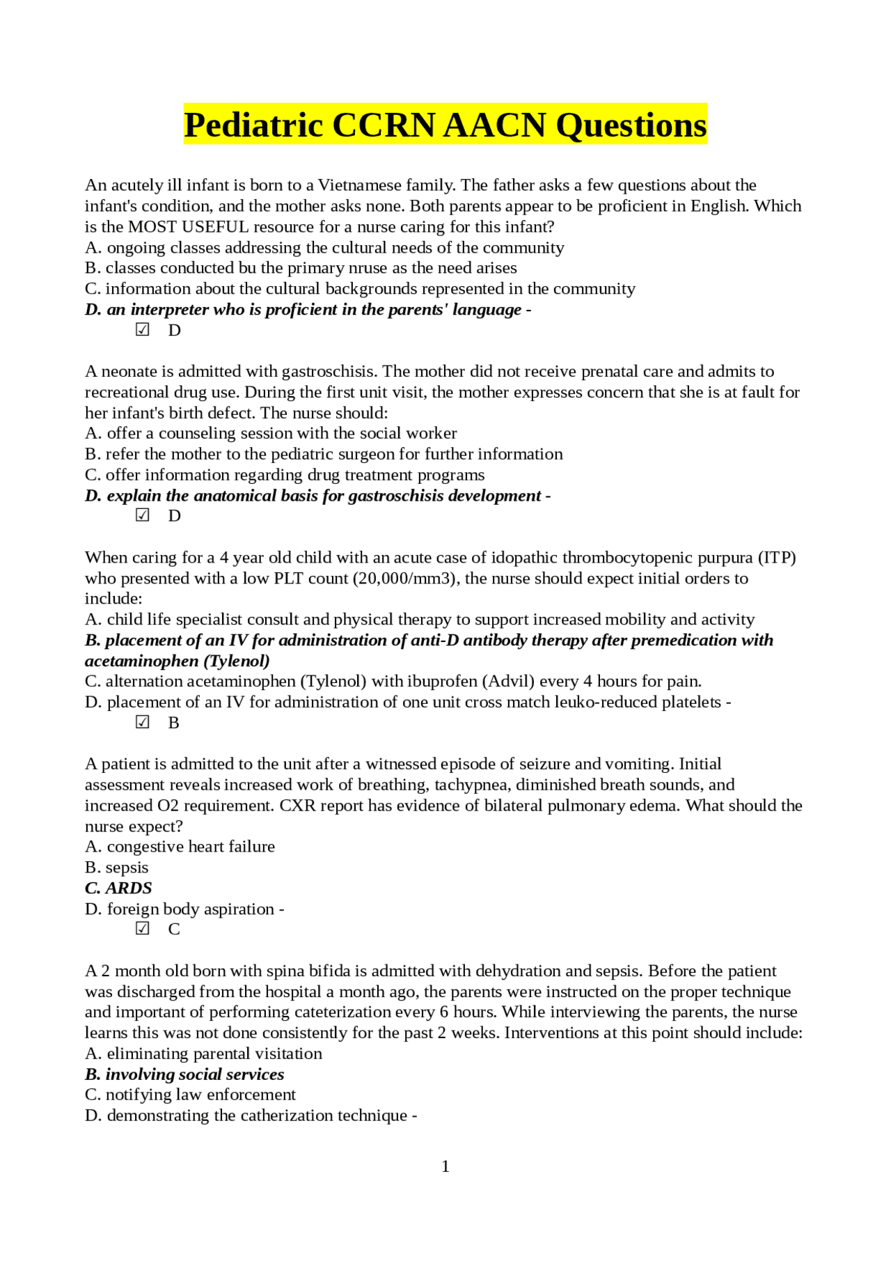 Pediatric CCRN AACN Questions | Exams Health sciences | Docsity