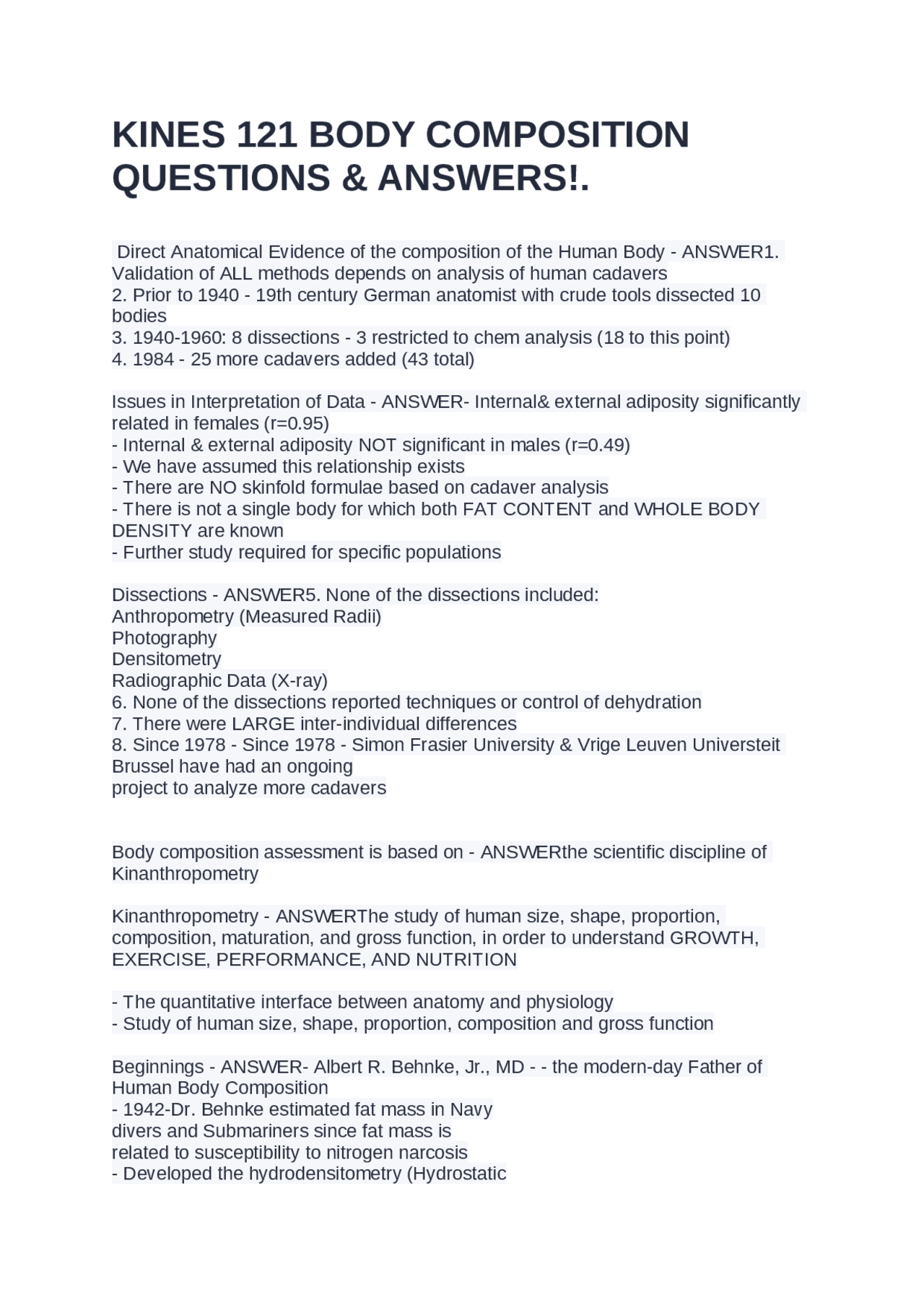 KINES 121 BODY COMPOSITION QUESTIONS & ANSWERS!. | Exams Biology | Docsity