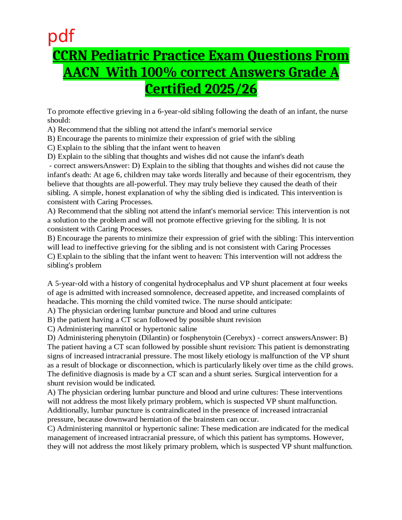 CCRN Pediatric Practice Exam Questions From AACN With 100% correct ...