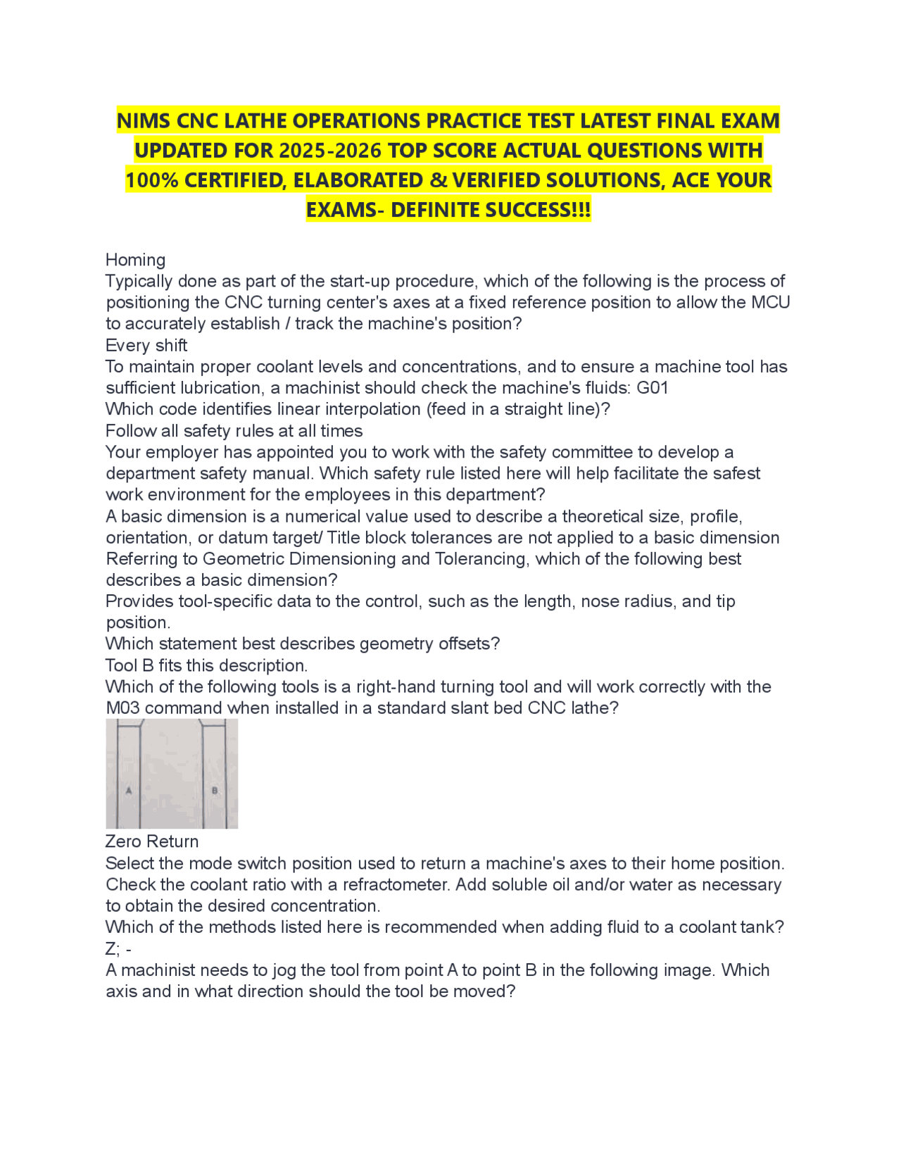NIMS CNC LATHE OPERATIONS PRACTICE TEST LATEST FINAL EXAM UPDATED FOR ...