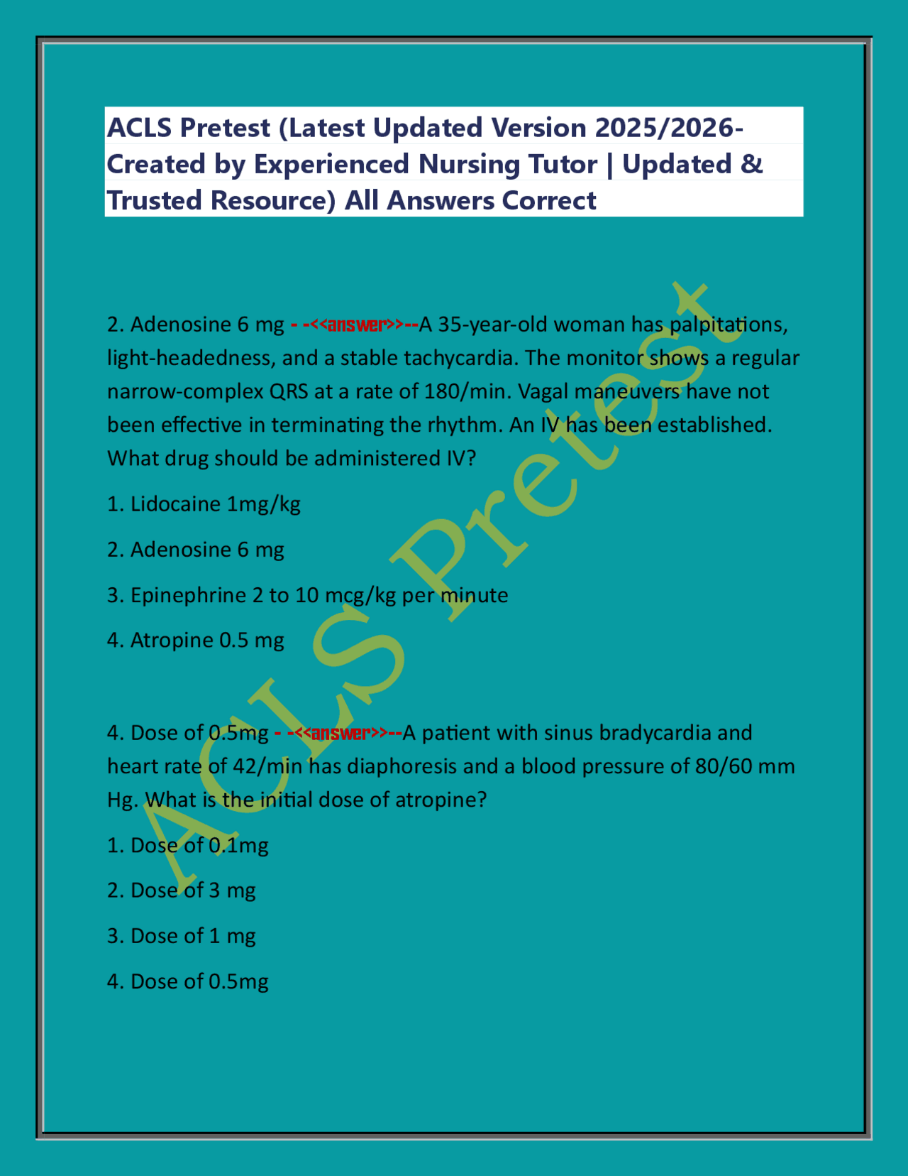 ACLS Pretest Questions and Answers for Certification 2025/2026 | Exams ...