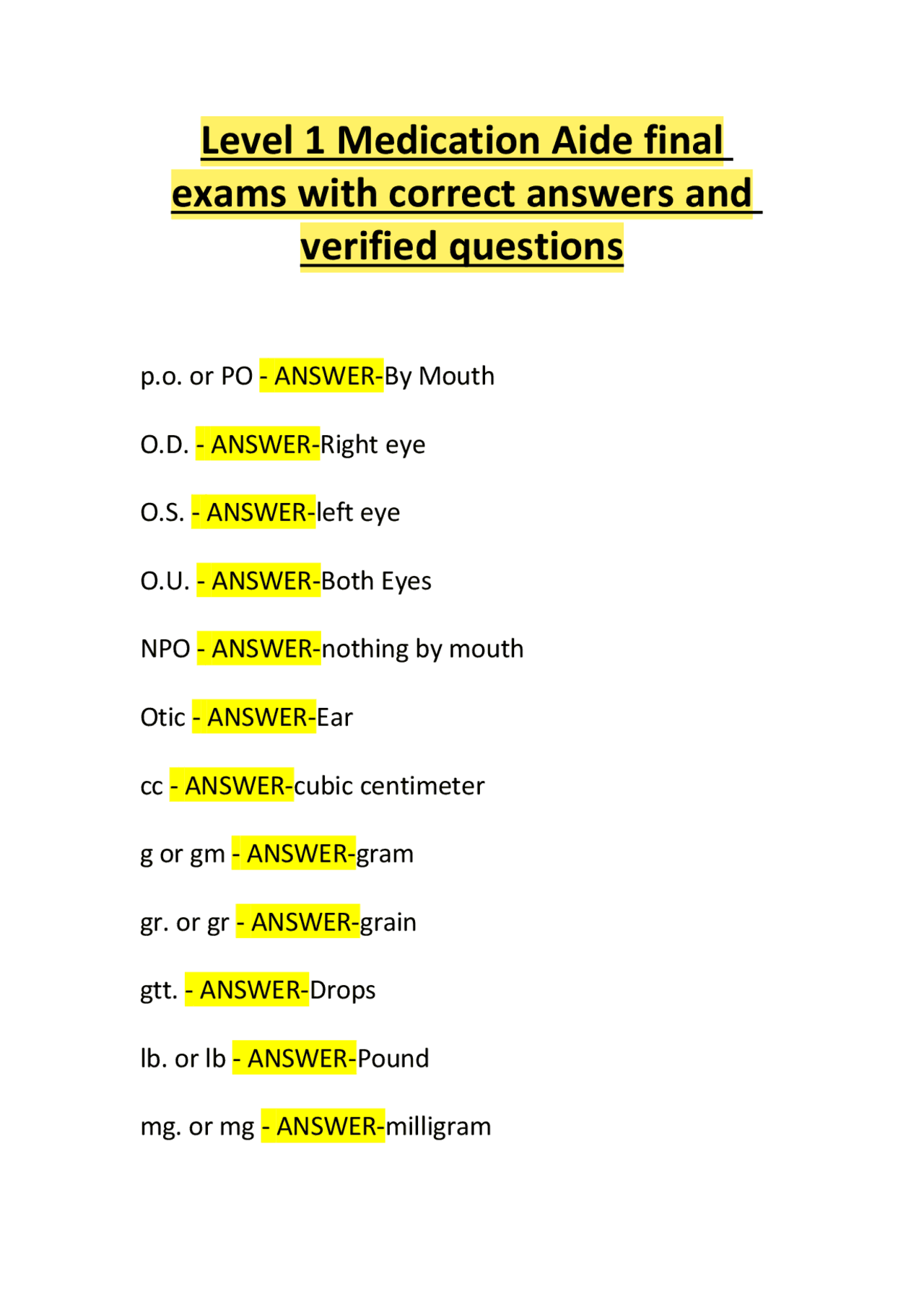 Level 1 Medication Aide final exams with correct answers and verified ...