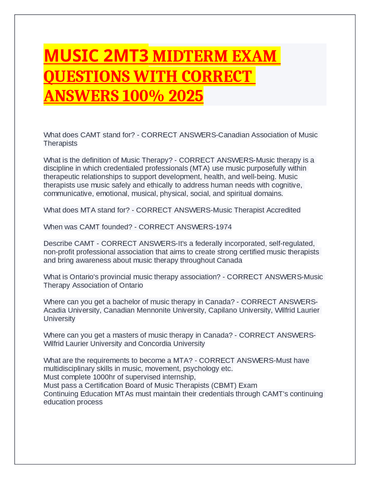 MUSIC 2MT3 MIDTERM EXAM QUESTIONS WITH CORRECT ANSWERS 100% 2025 | Exams Advanced Education ...