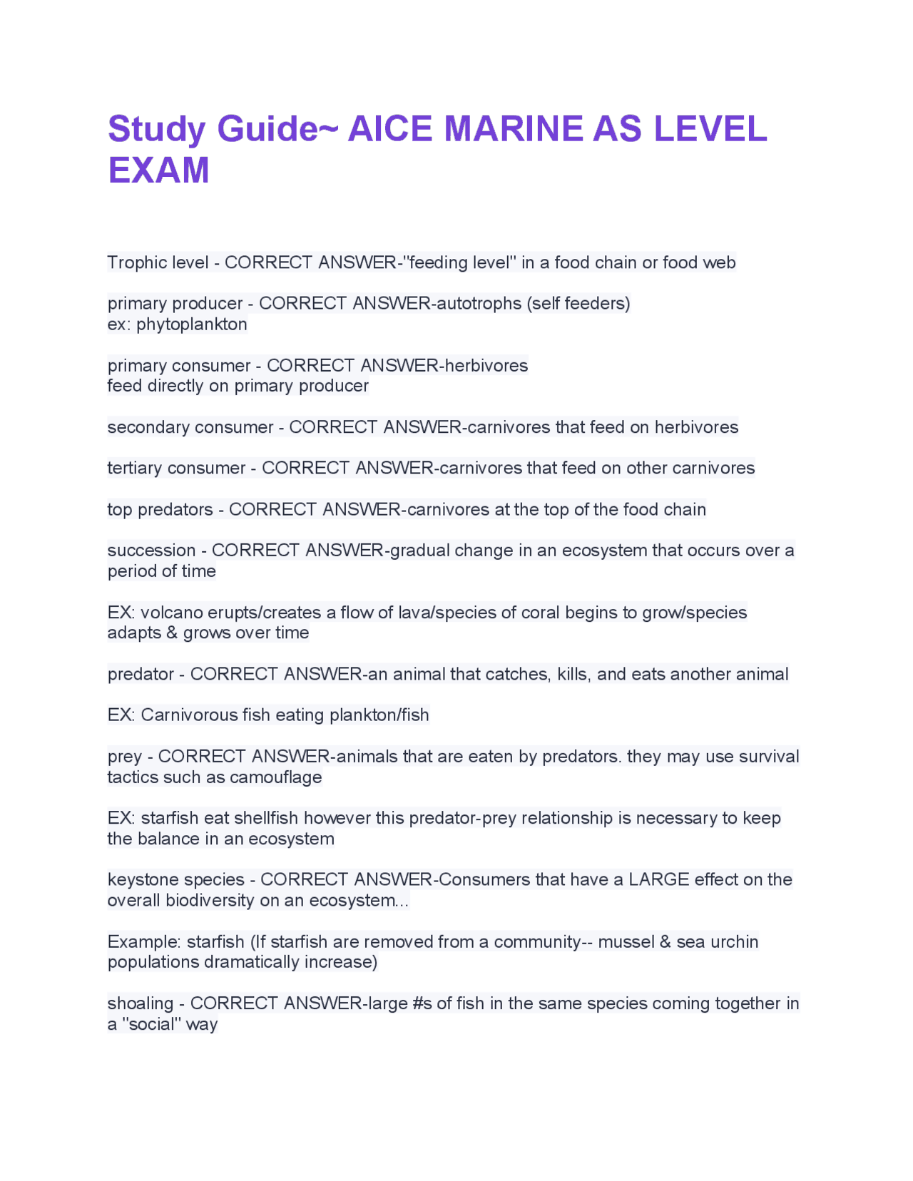 Study Guide~ AICE MARINE AS LEVEL EXAM Questions And Answers With ...