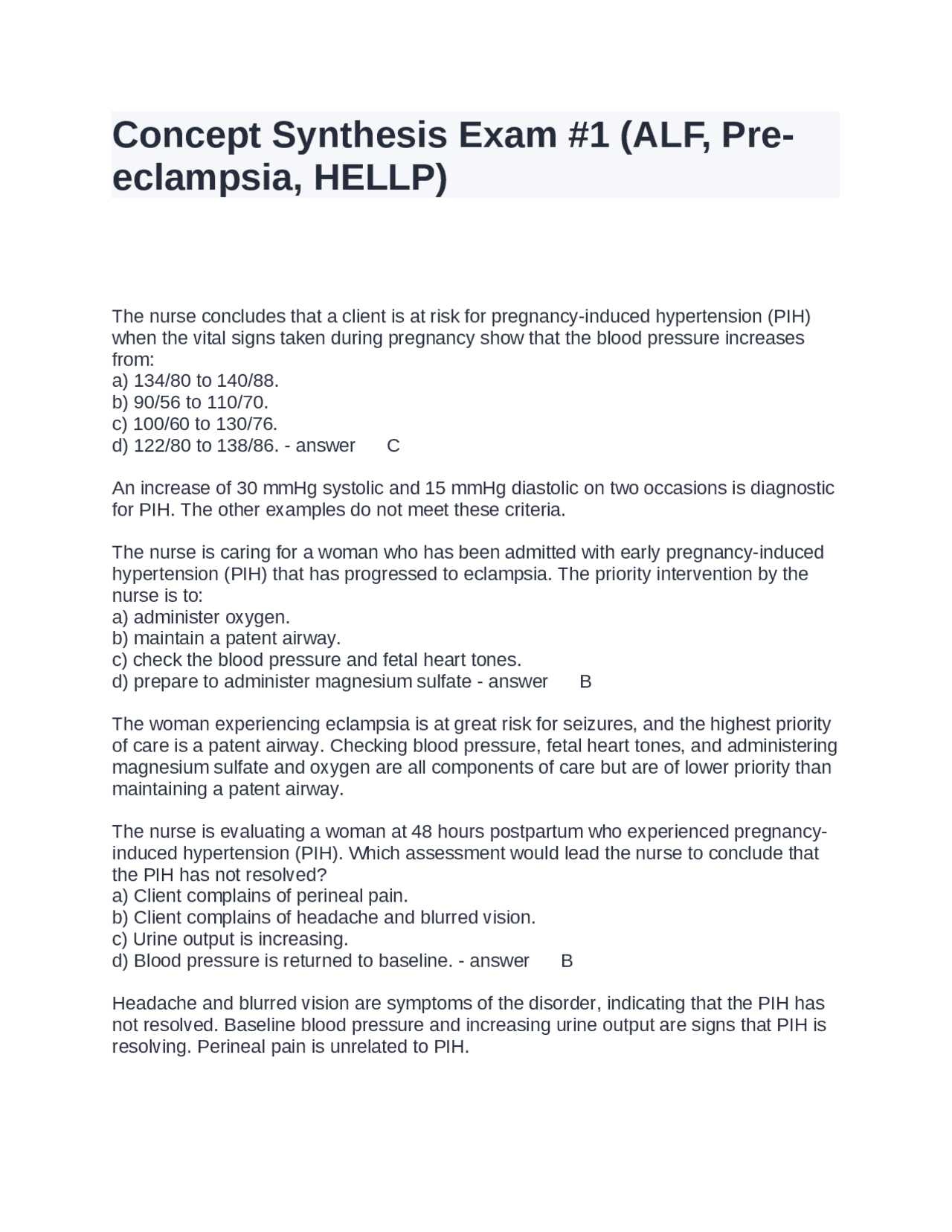Concept Synthesis Exam #1 (ALF, Pre-eclampsia, HELLP). Questions and ...