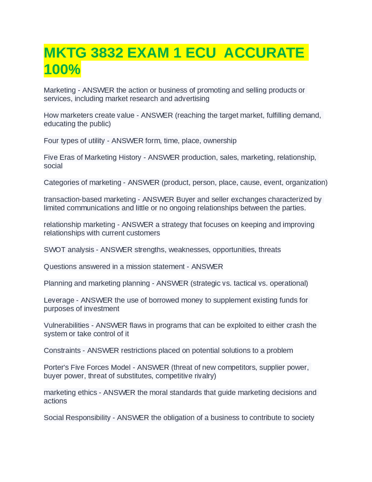MKTG 3832 EXAM 1 ECU ACCURATE 100% | Exams Marketing Psychology | Docsity