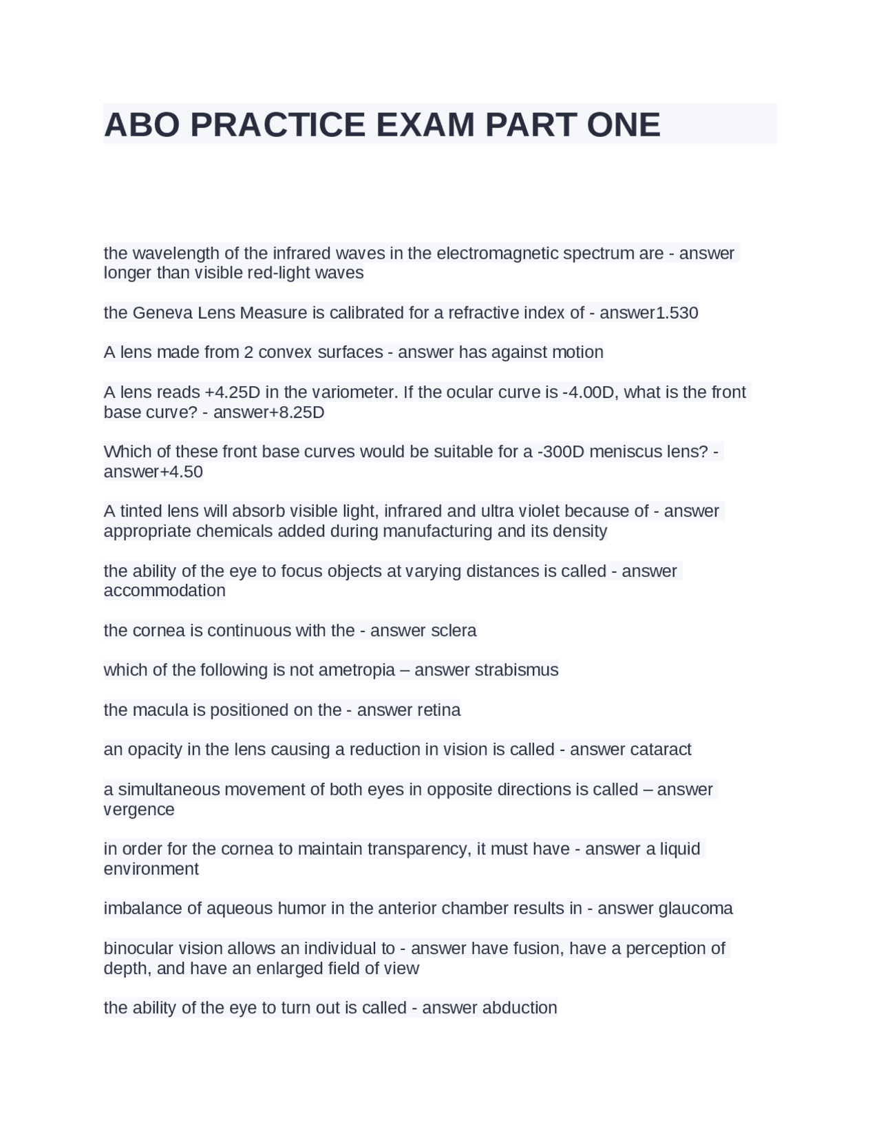 ABO Optometry Practice Exam: Lens Optics and Calculations | Exams ...