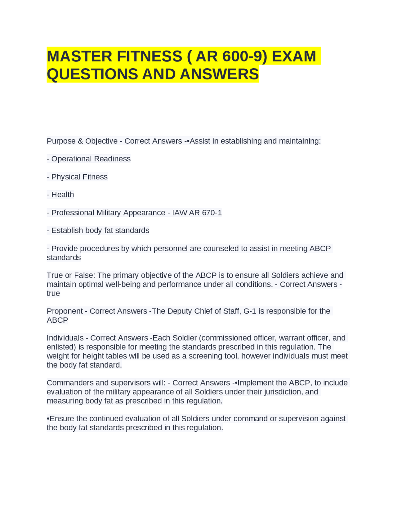 MASTER FITNESS ( AR 600-9) EXAM QUESTIONS AND ANSWERS | Exams Advanced ...