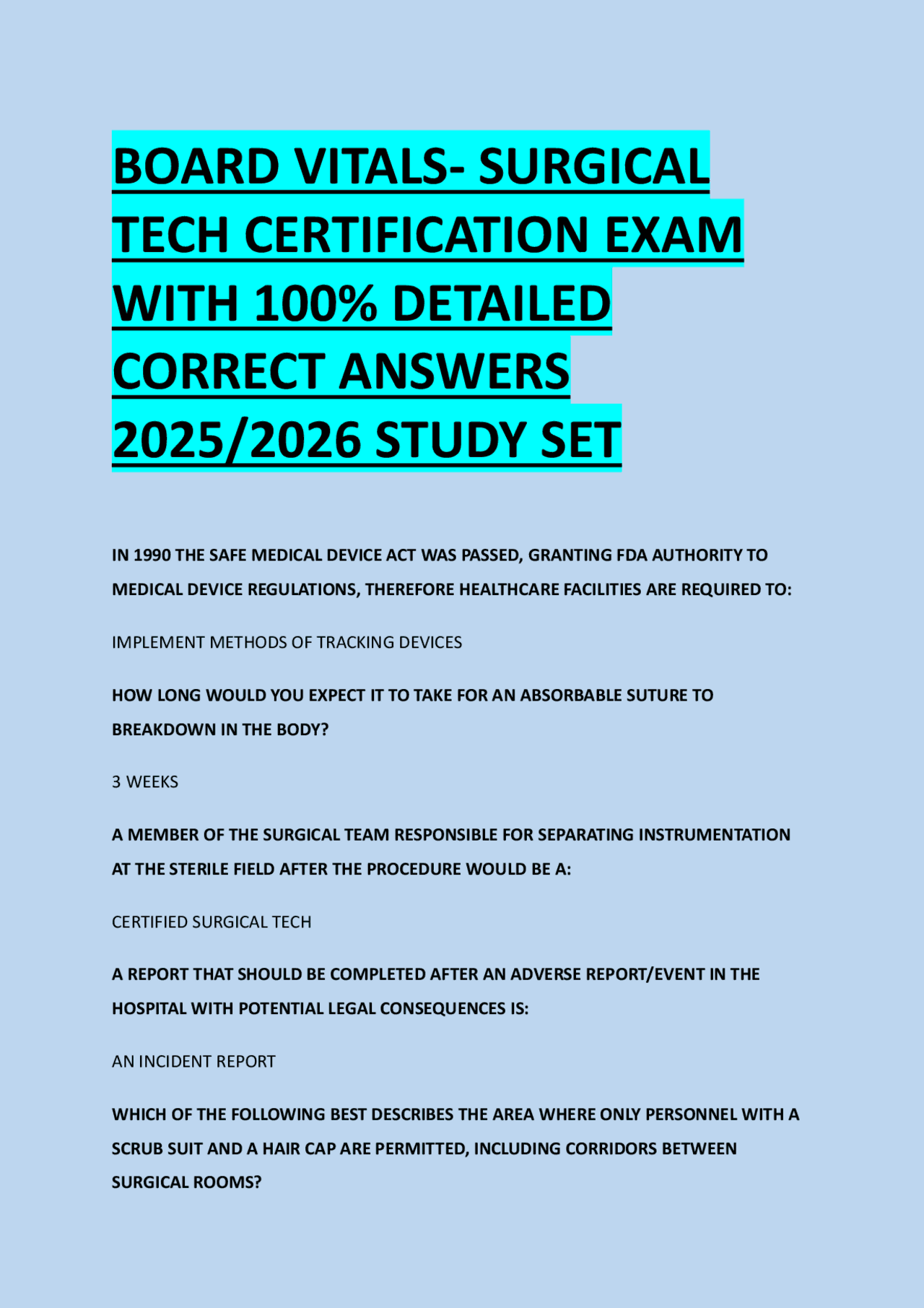 BOARD VITALS- SURGICAL TECH CERTIFICATION EXAM WITH 100% DETAILED ...