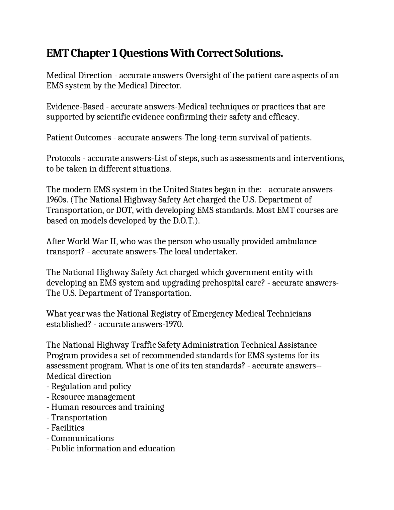 EMT Chapter 1 Questions With Correct Solutions. | Exams Medicine | Docsity