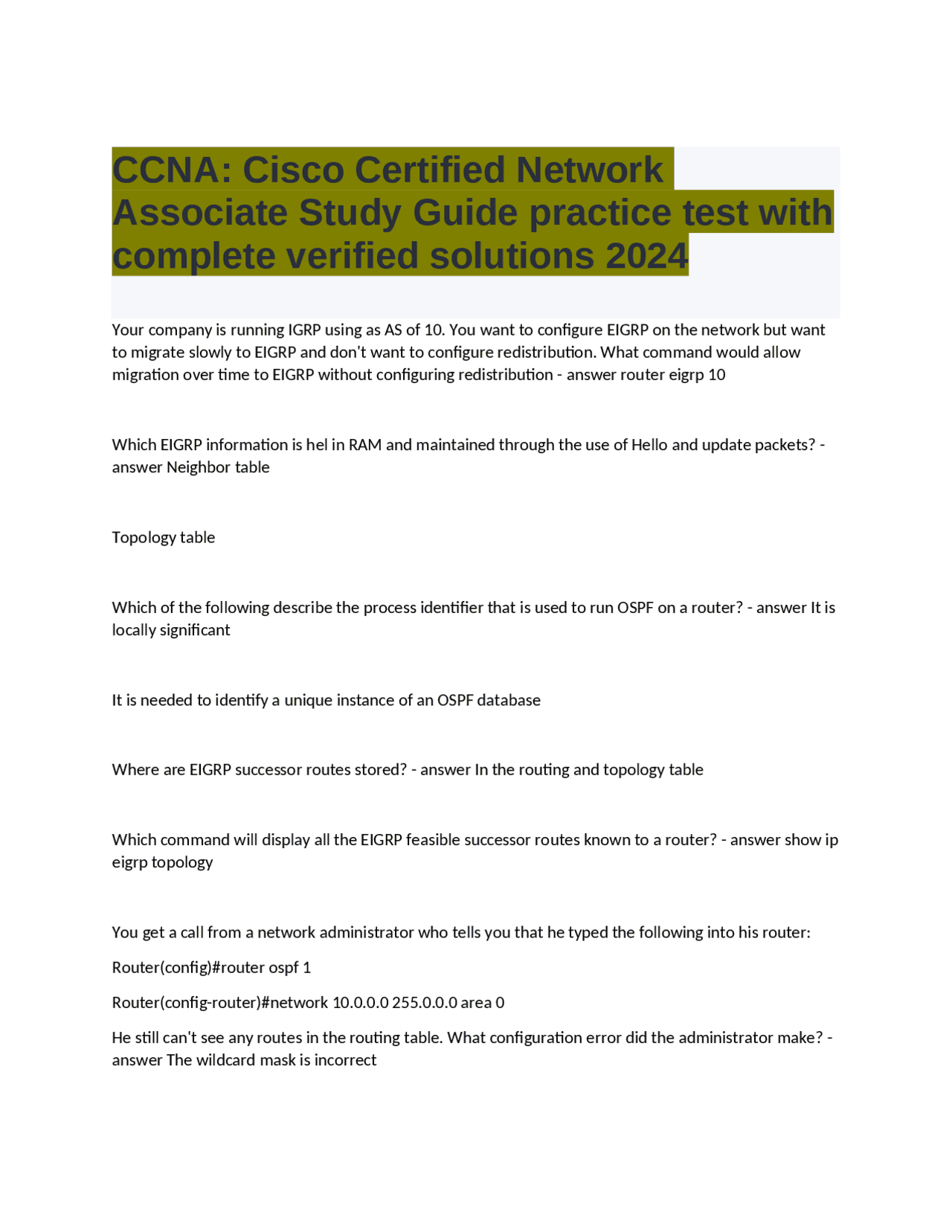 CCNA Cisco Certified Network Associate Study Guide practice test with ...