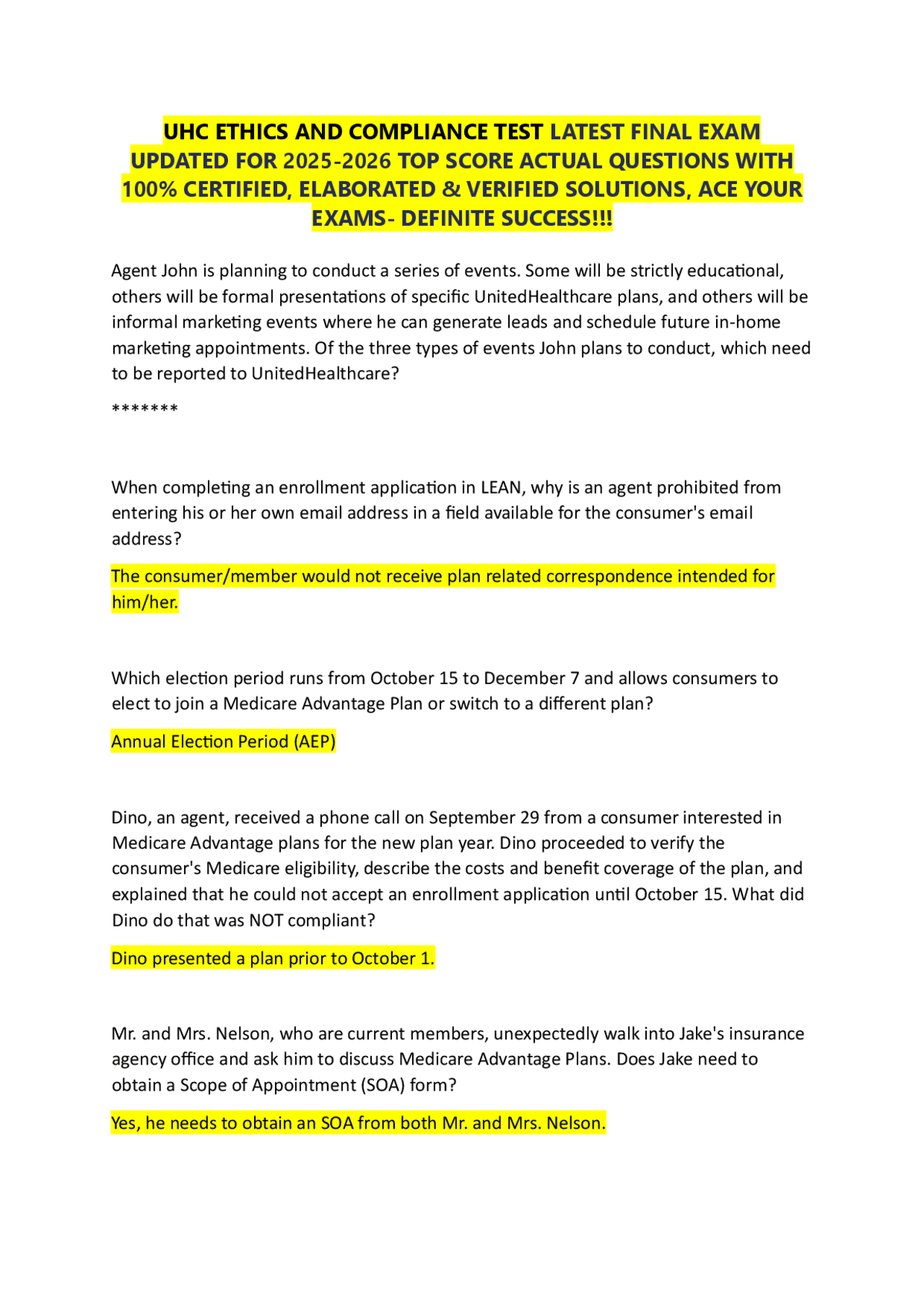 UHC ETHICS AND COMPLIANCE TEST LATEST FINAL EXAM UPDATED FOR 2025-2026 ...