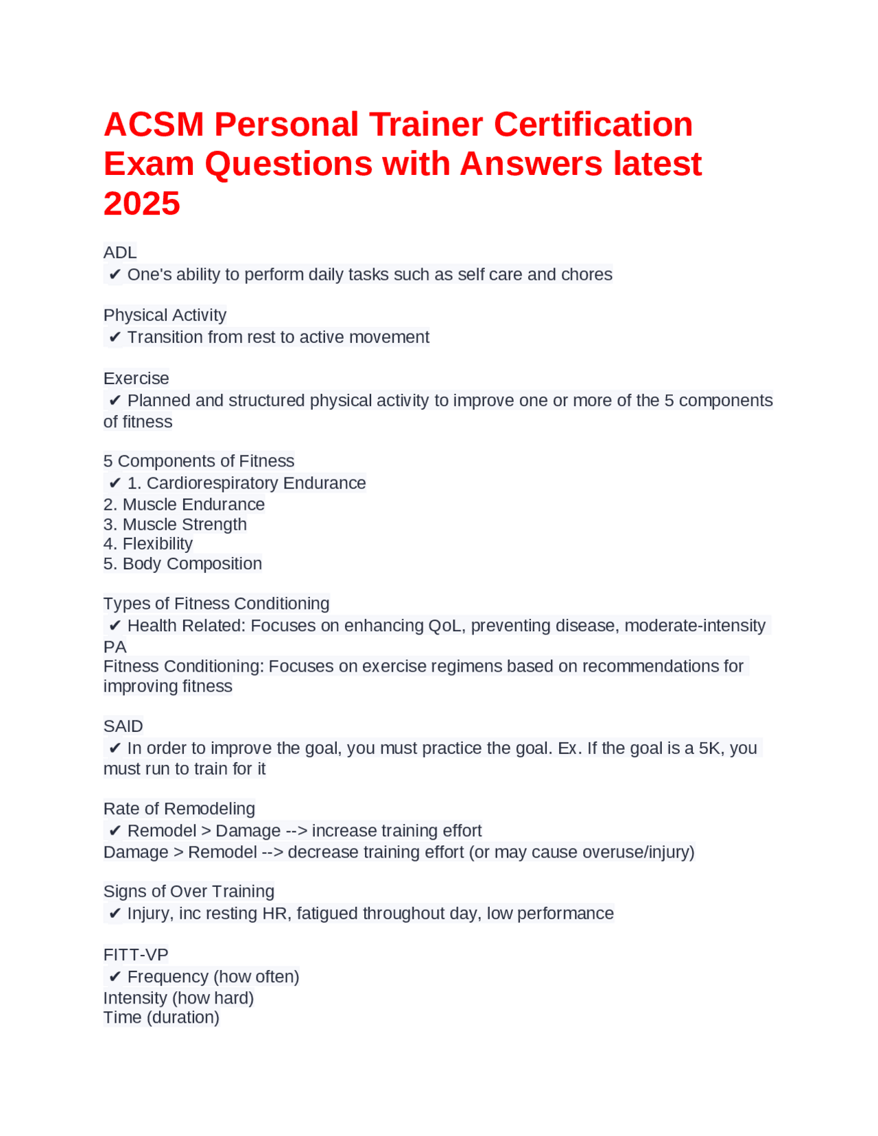 ACSM Personal Trainer Certification Exam Questions with Answers latest ...
