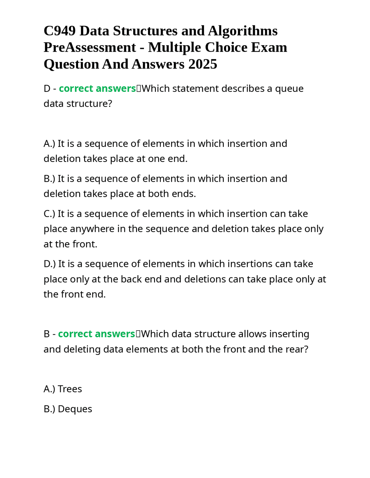 C949 Data Structures and Algorithms PreAssessment - Multiple Choice Exam Question And Answ ...