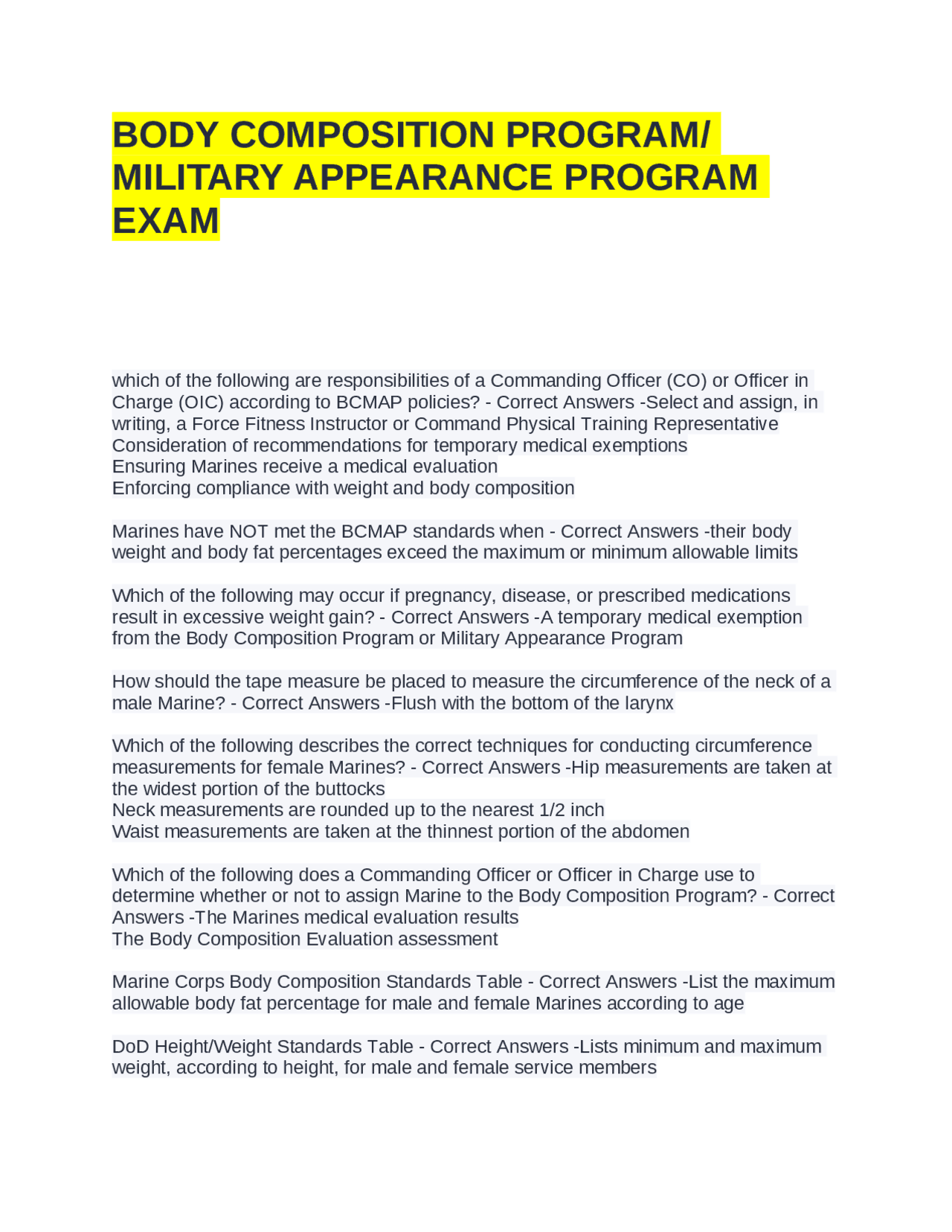 BODY COMPOSITION PROGRAM- MILITARY APPEARANCE PROGRAM EXAM QUESTIONS ...
