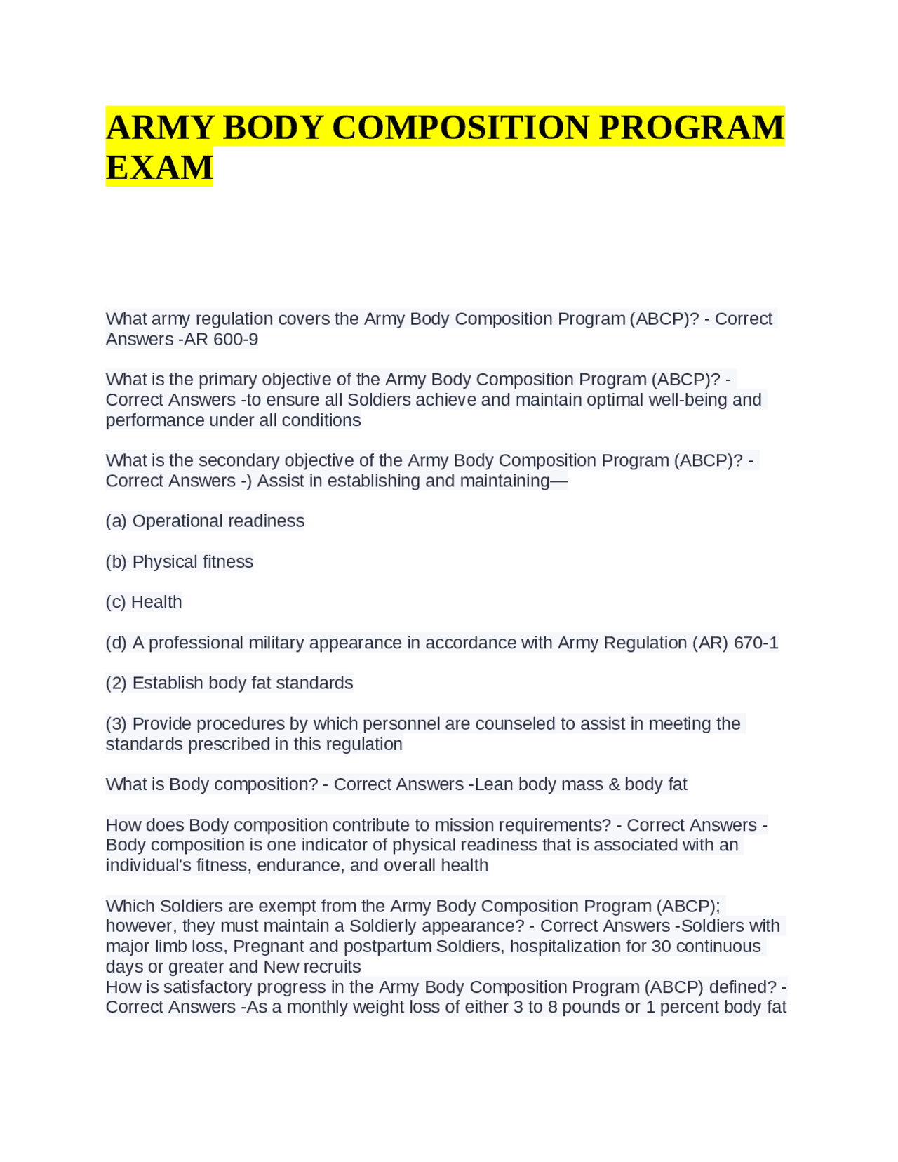 ARMY BODY COMPOSITION PROGRAM EXAM QUESTIONS WITH VERIFIED SOLUTIONS ...