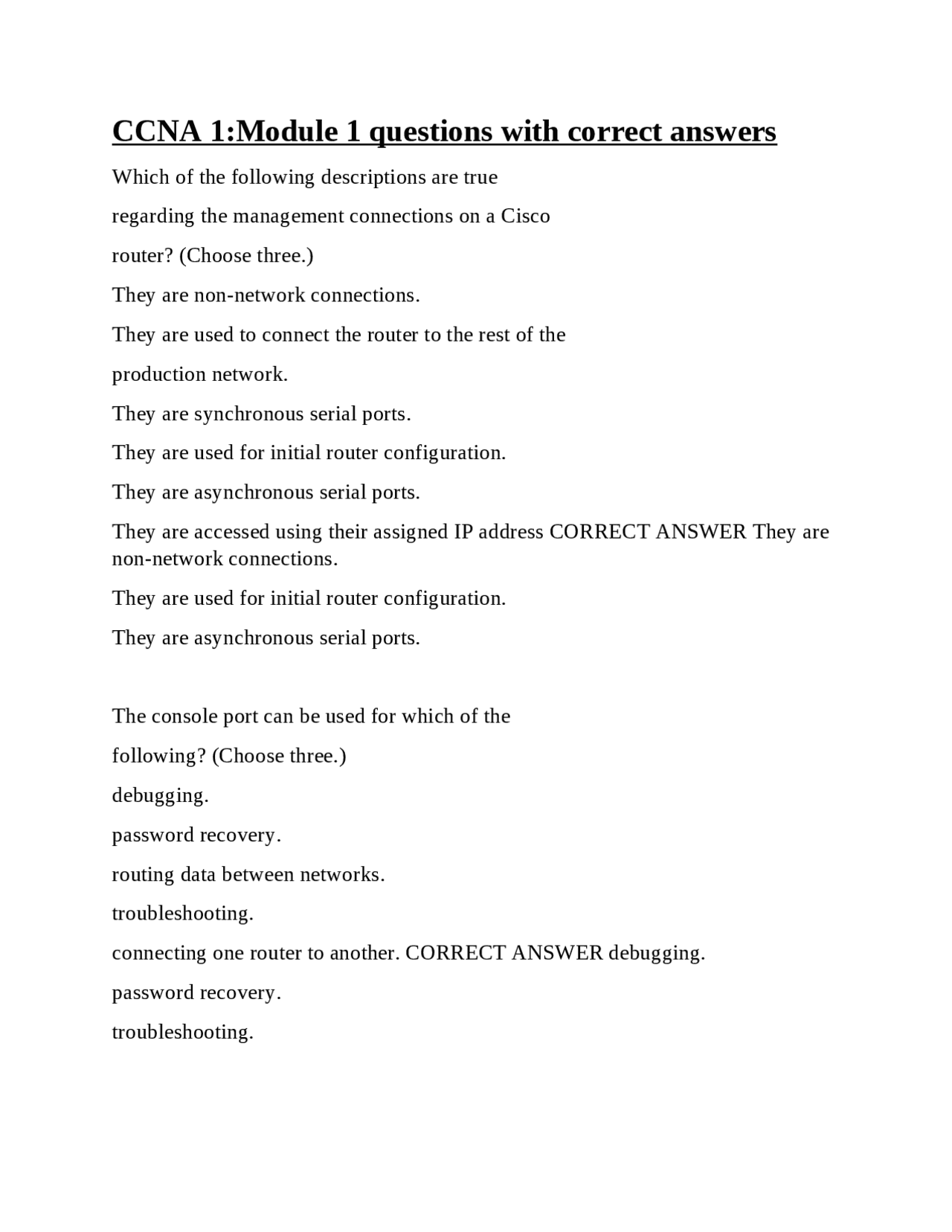 CCNA 1: Module 1 Practice Questions and Answers | Exams Computer Science | Docsity