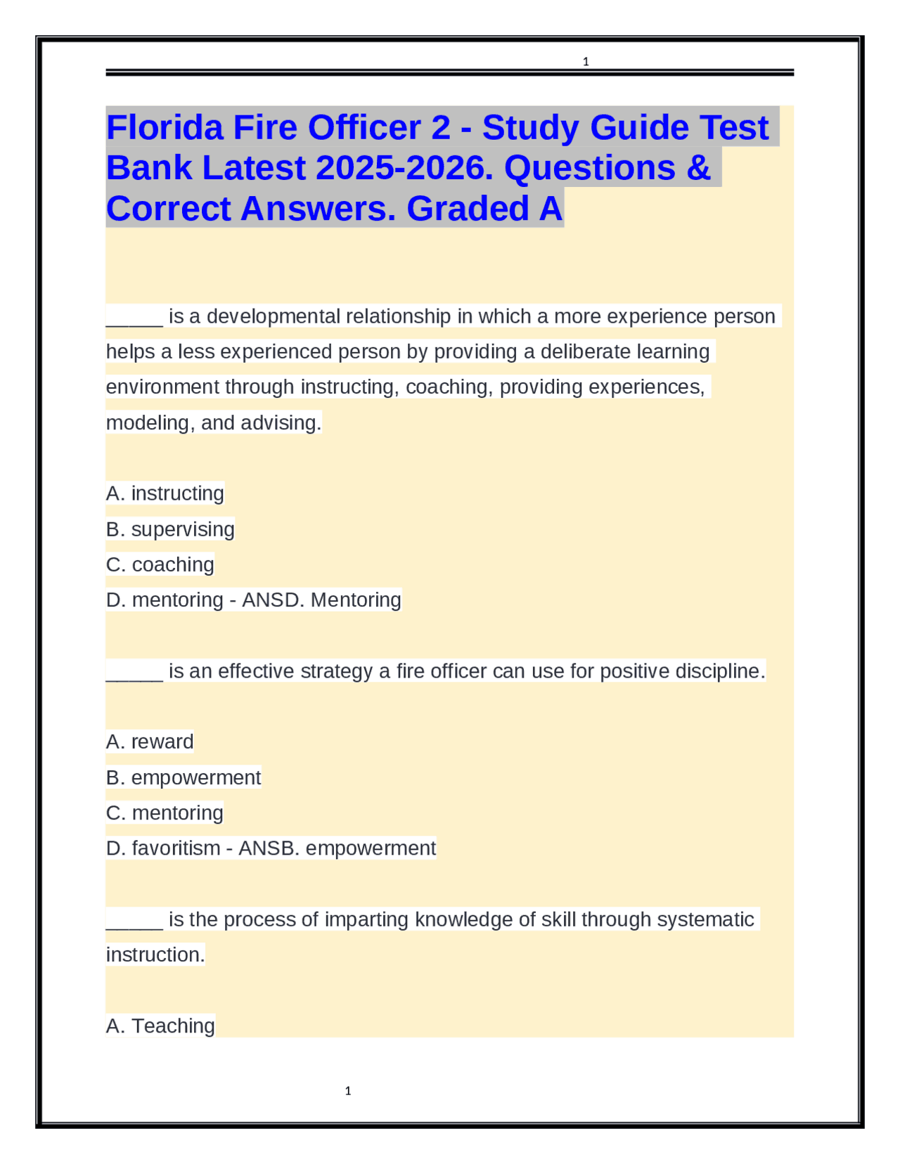 Florida Fire Officer 2 - Study Guide Test Bank Latest 2025-2026 ...