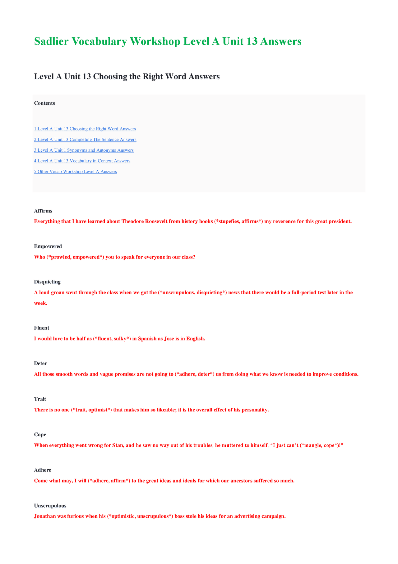 Sadlier Vocabulary Workshop Level A Unit 13 Answers – Trusted Guide for ...