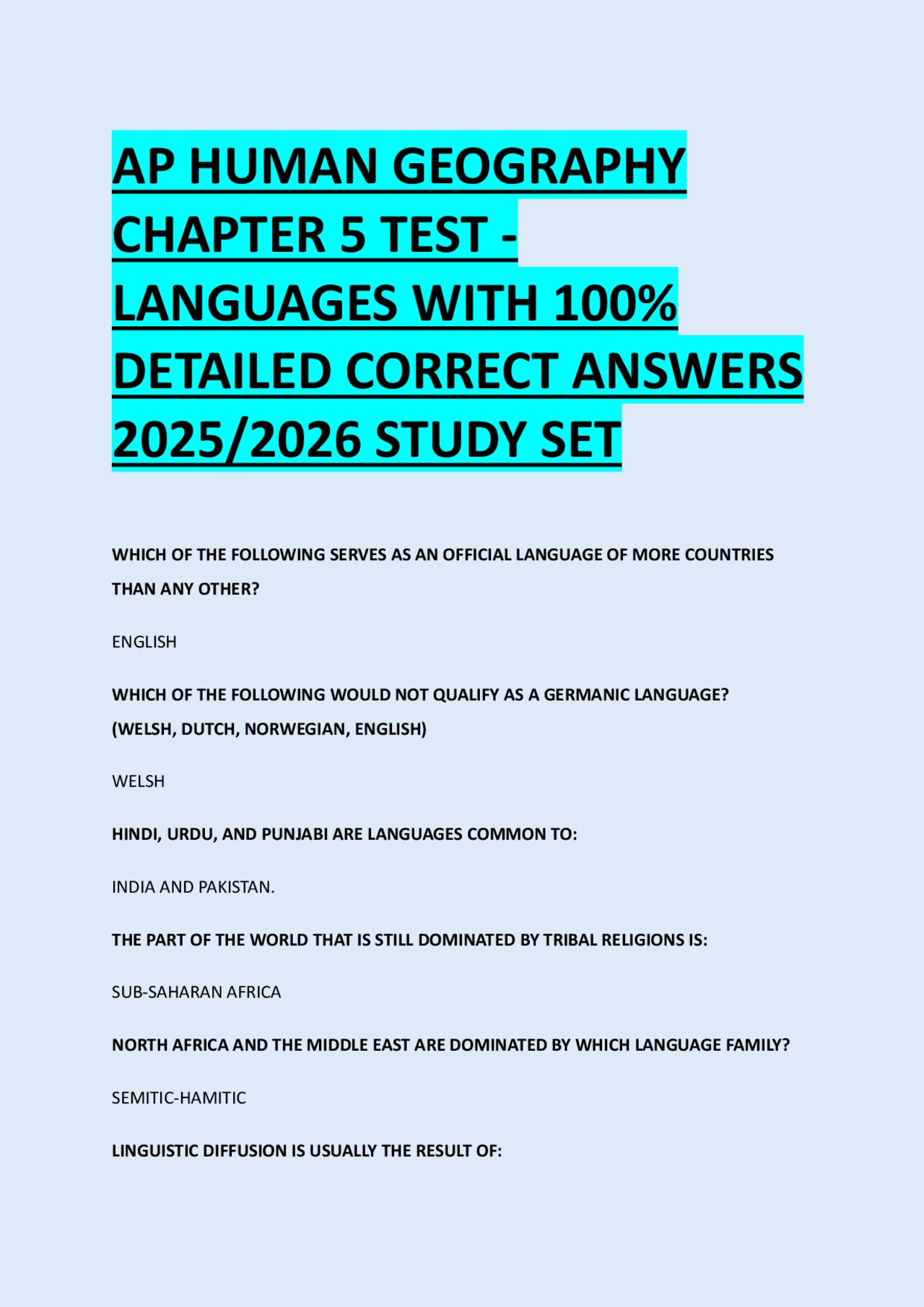 AP HUMAN GEOGRAPHY CHAPTER 5 TEST - LANGUAGES WITH 100% DETAILED ...