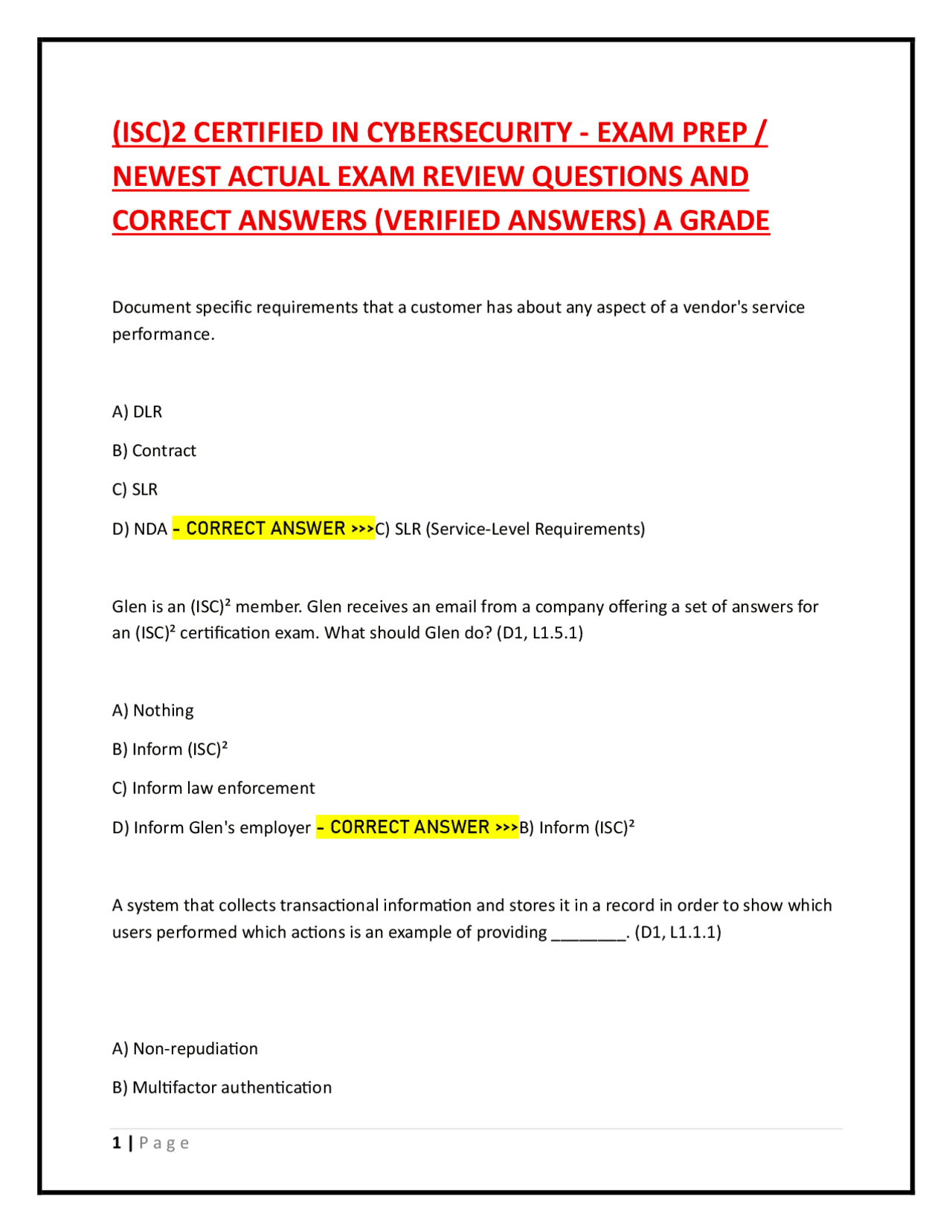 (ISC)2 CERTIFIED IN CYBERSECURITY - EXAM PREP / NEWEST ACTUAL EXAM 2025 ...