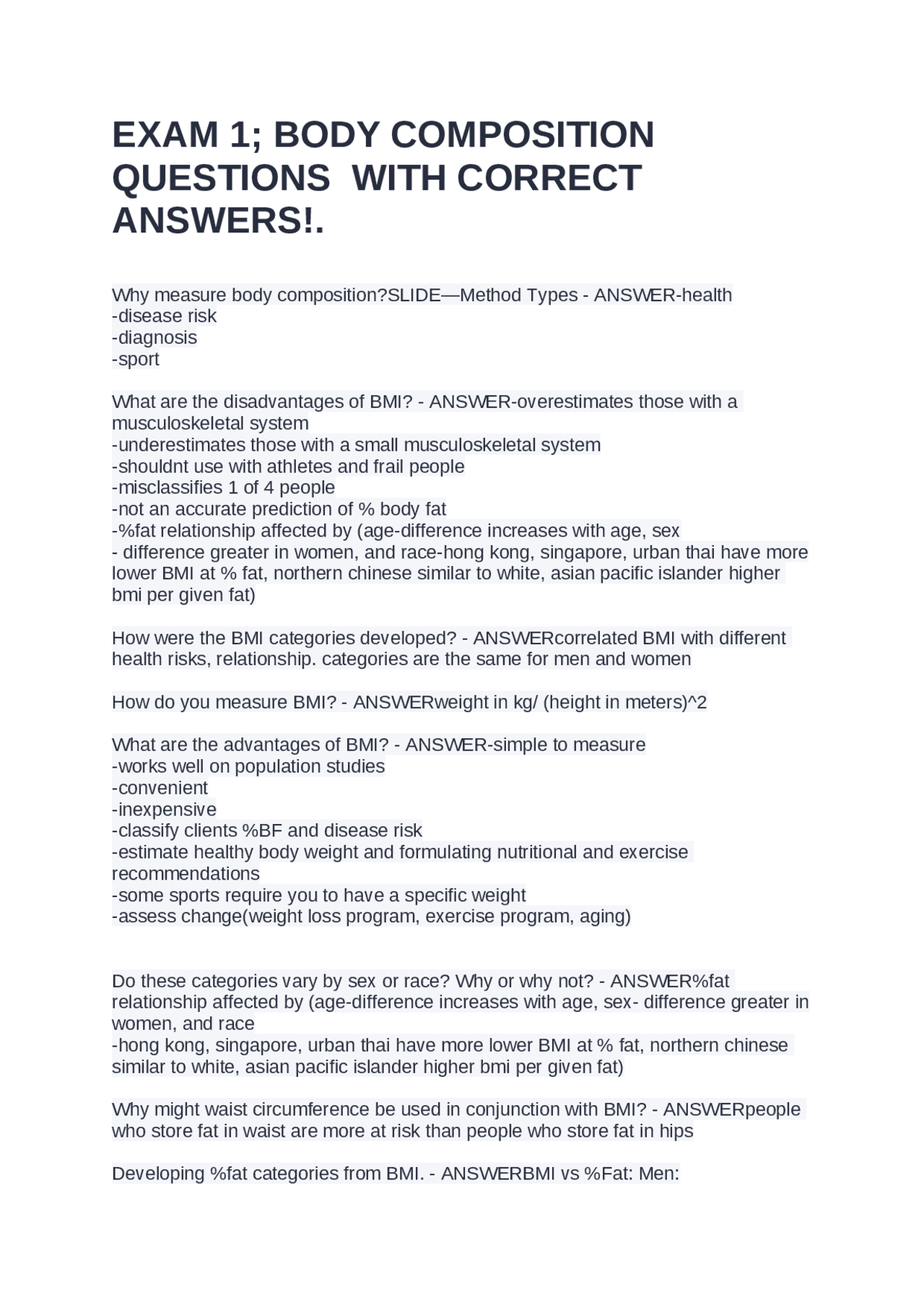 EXAM 1; BODY COMPOSITION QUESTIONS WITH CORRECT ANSWERS!. | Exams ...