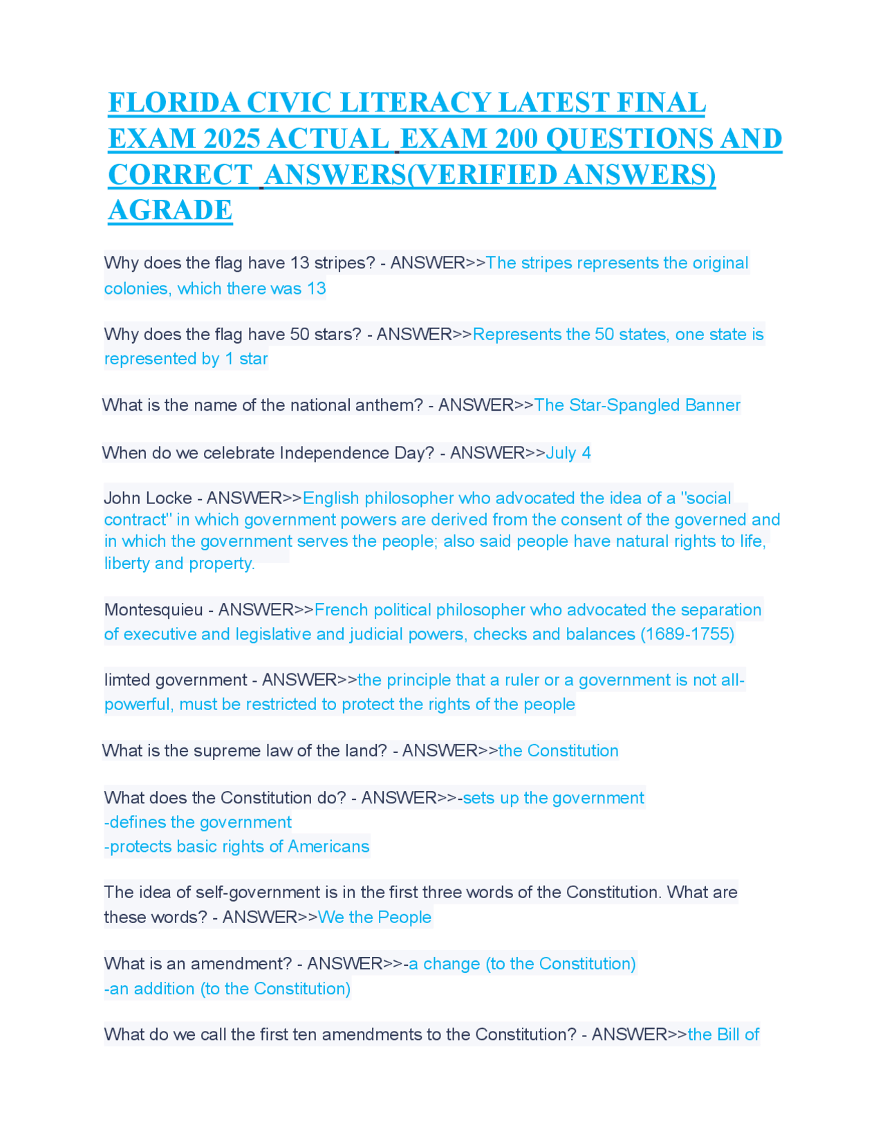 FLORIDA CIVIC LITERACY LATEST FINAL EXAM 2025 ACTUAL EXAM 200 QUESTIONS ...