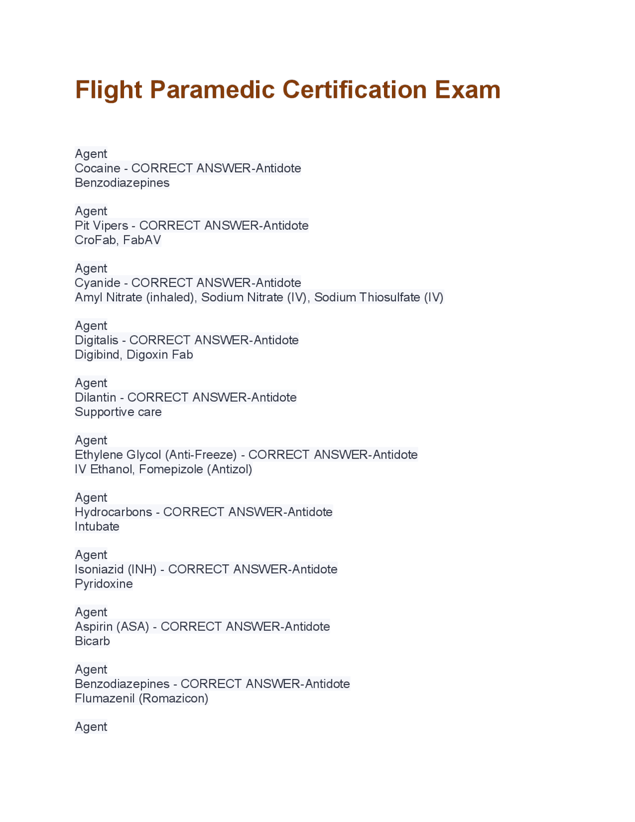 Flight Paramedic Certification Exam Questions And Answers With Verified ...