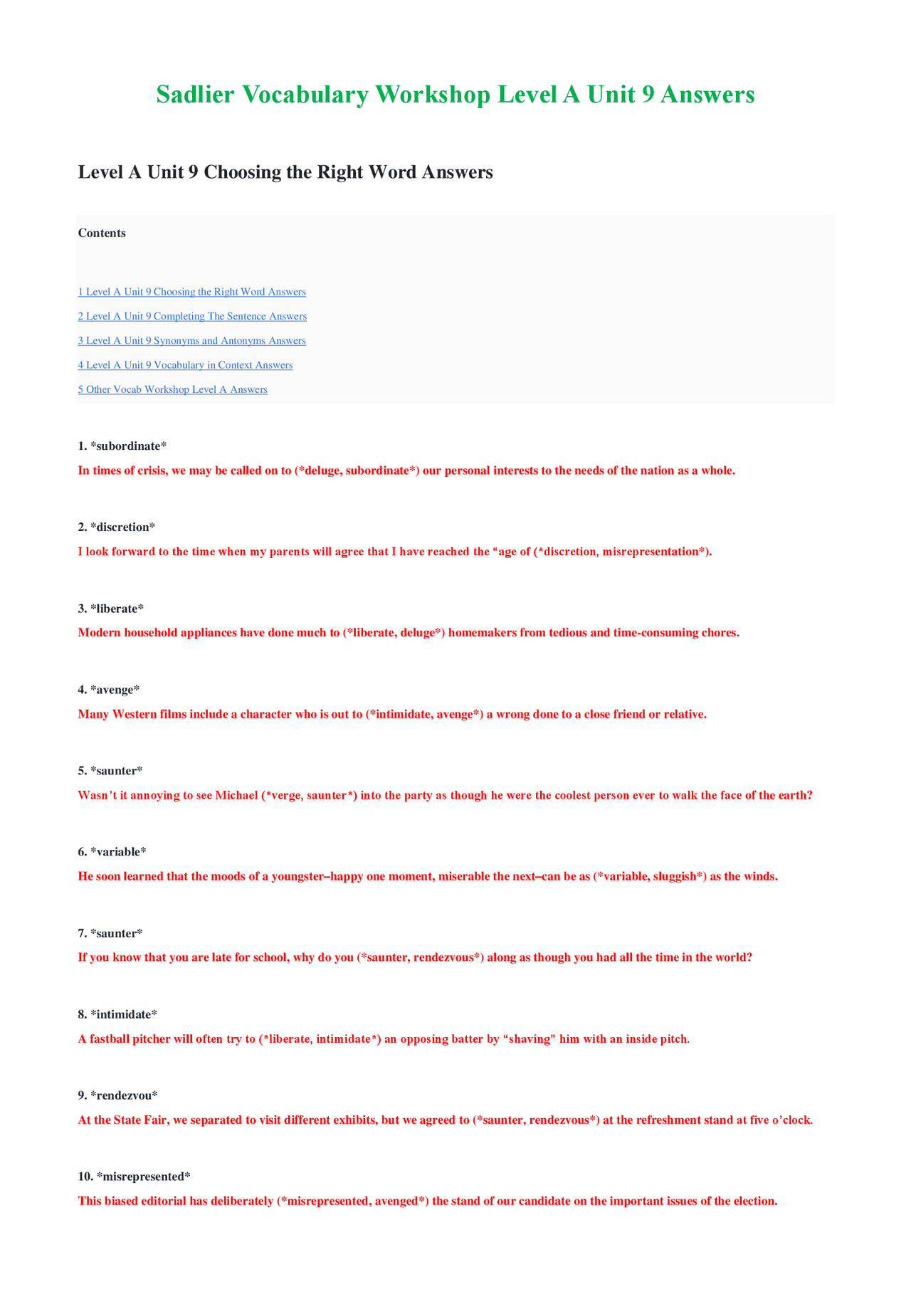 Sadlier Vocabulary Workshop Level A Unit 9 Answers – Complete and ...