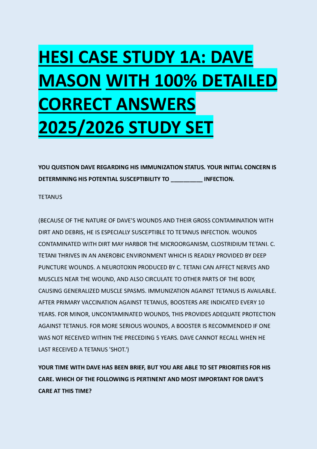 HESI CASE STUDY 1A: DAVE MASON WITH 100% DETAILED CORRECT ANSWERS 2025/ ...