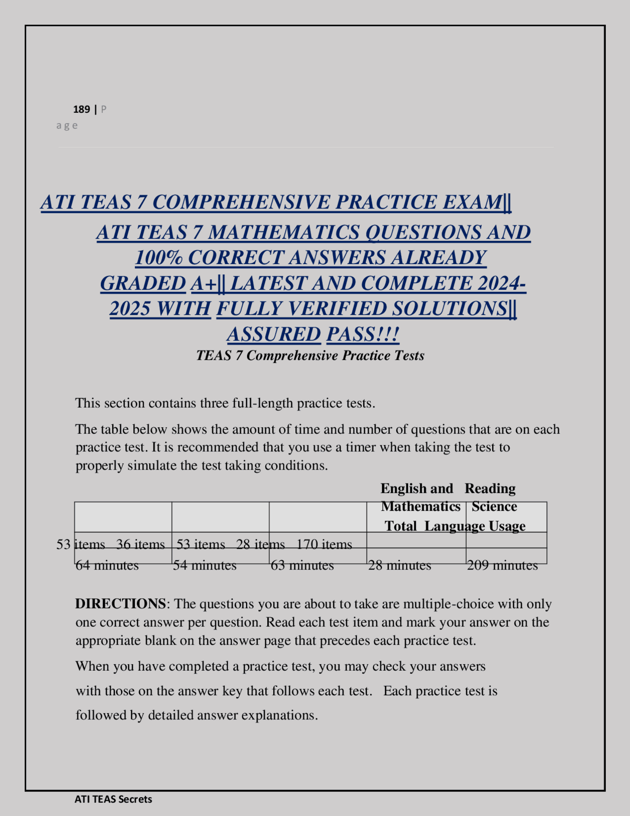 ATI TEAS 7 COMPREHENSIVE PRACTICE EXAM|| ATI TEAS 7 MATHEMATICS ...