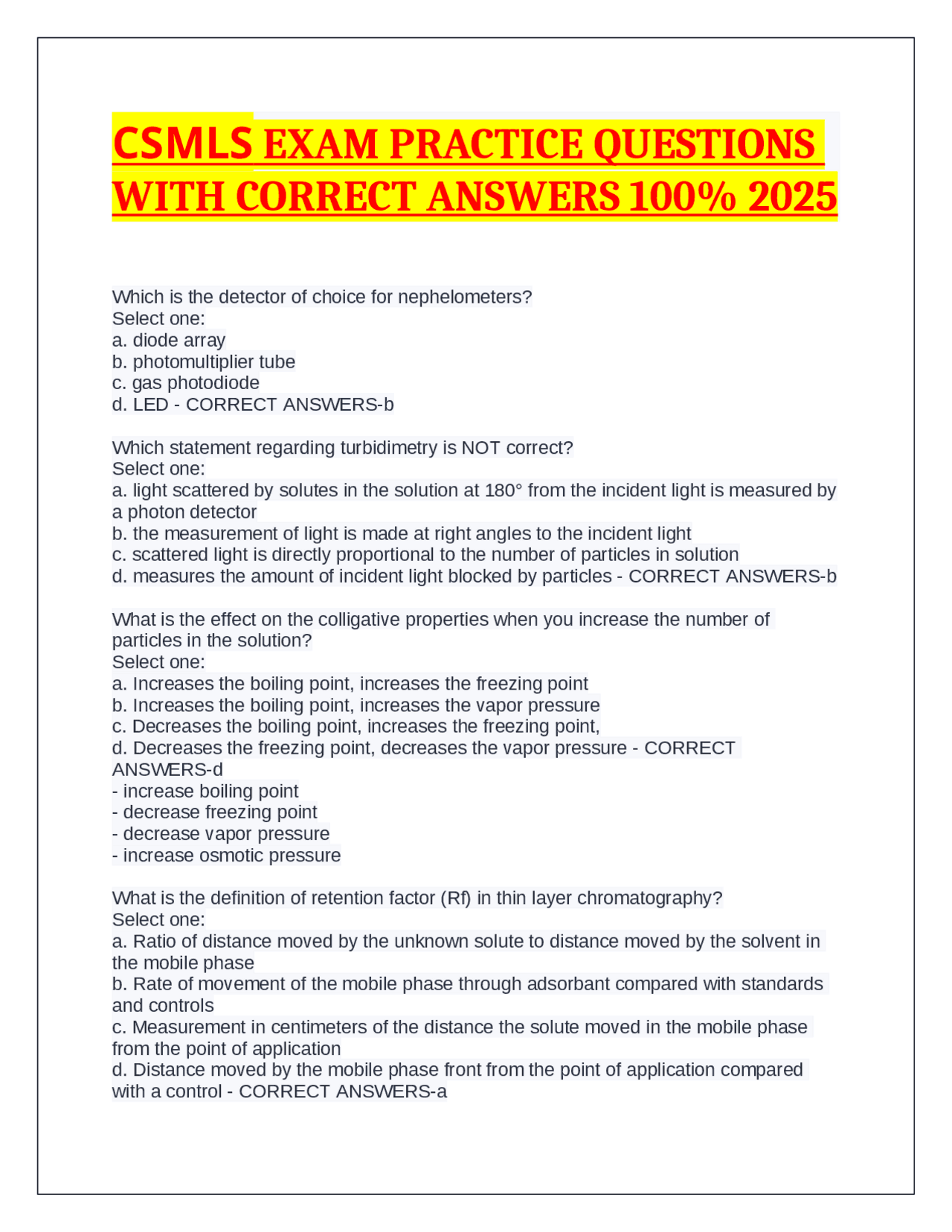 CSMLS EXAM PRACTICE QUESTIONS WITH CORRECT ANSWERS 100% 2025 | Exams ...