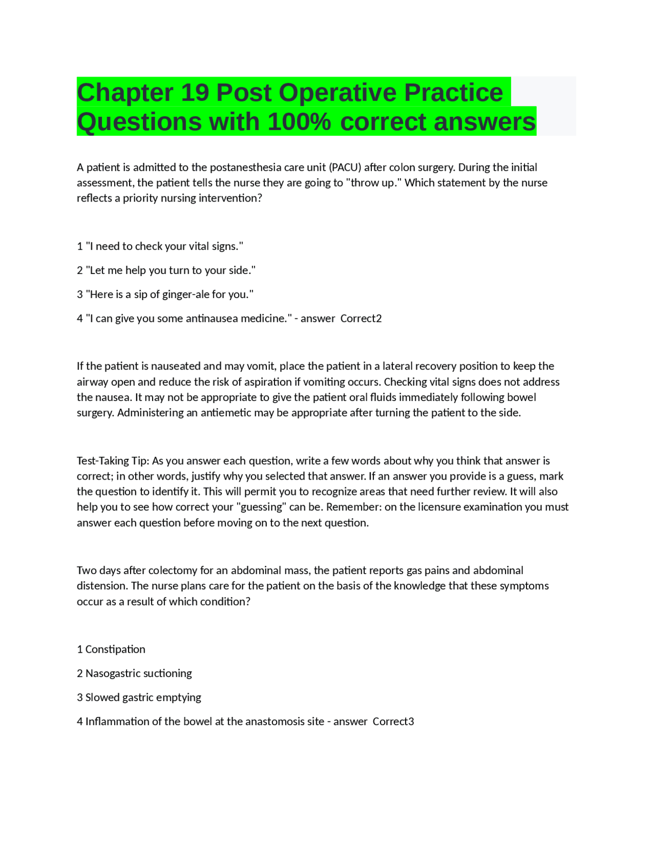 Chapter 19 Post Operative Practice Questions with 100% correct answers ...