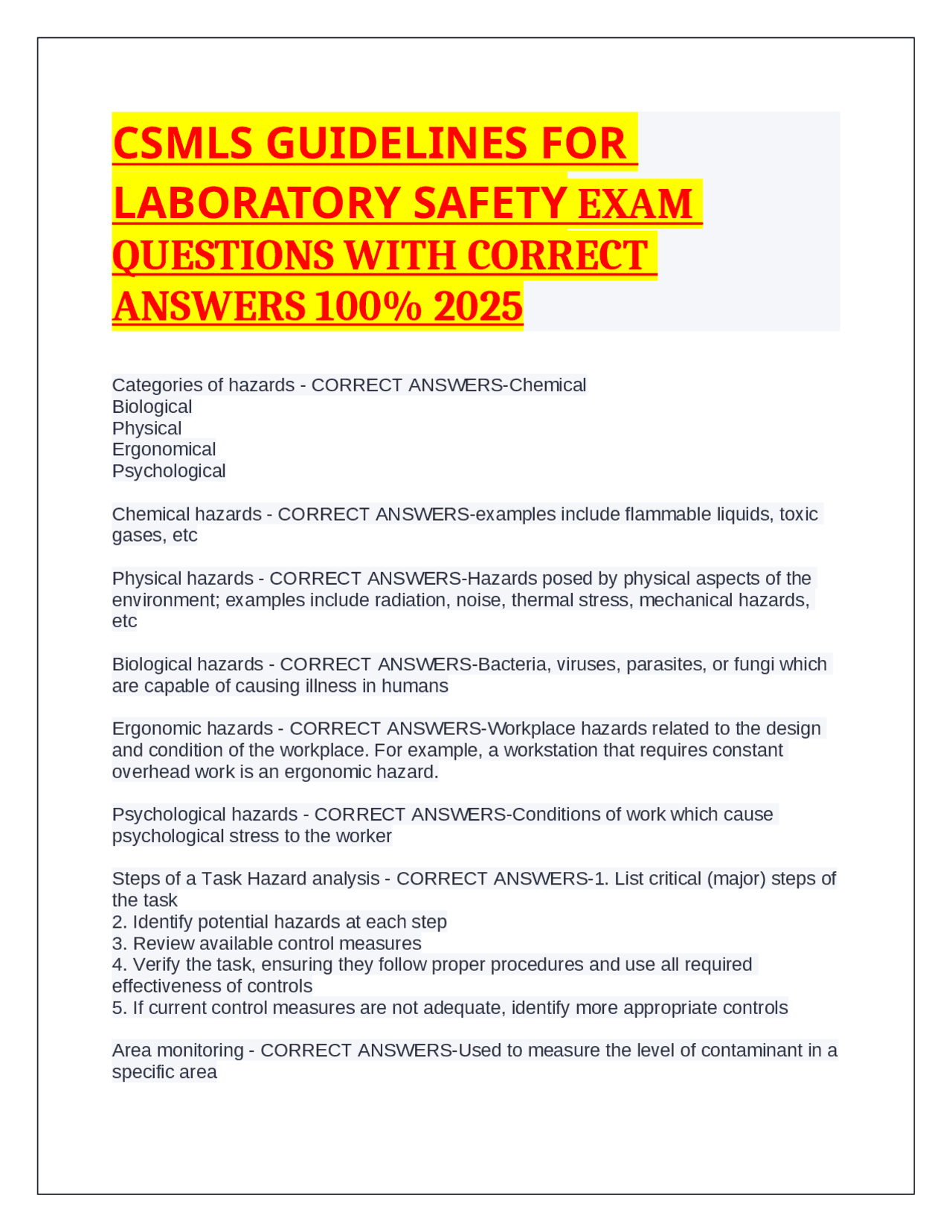 CSMLS GUIDELINES FOR LABORATORY SAFETY EXAM QUESTIONS WITH CORRECT ...