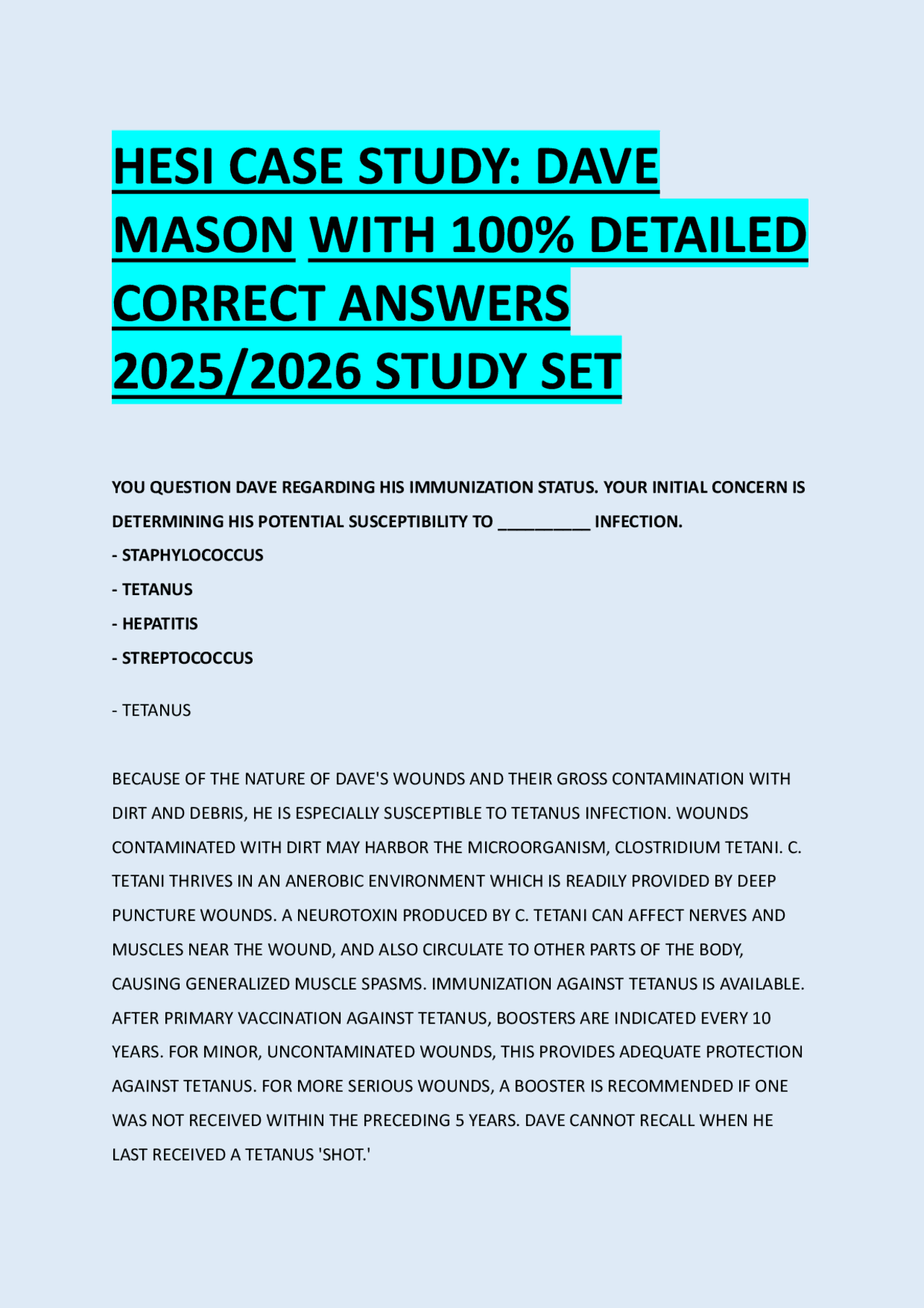 HESI CASE STUDY: DAVE MASON WITH 100% DETAILED CORRECT ANSWERS 2025/2026 STUDY SET | Exams ...