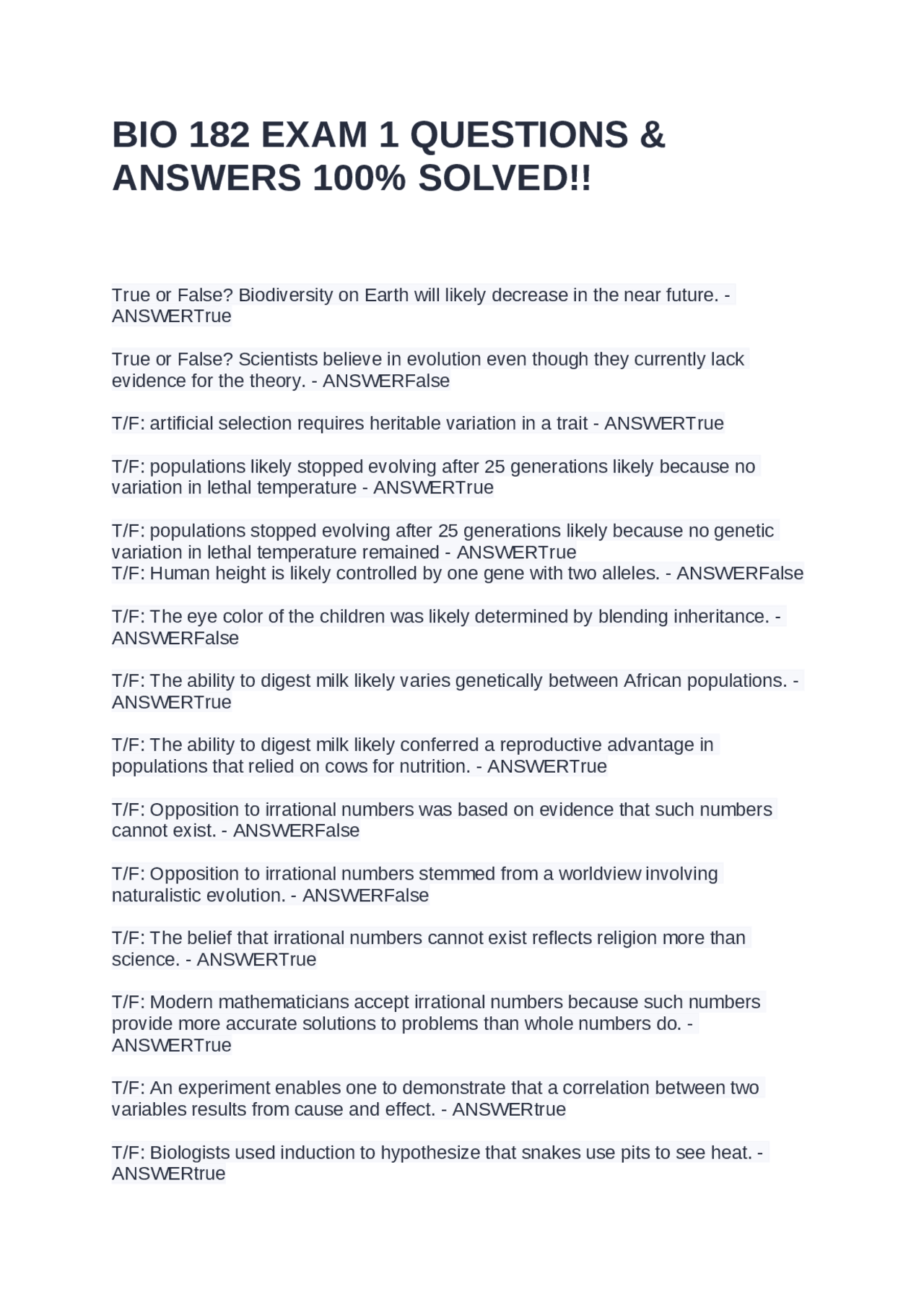 BIO 182 EXAM 1 QUESTIONS & ANSWERS 100% SOLVED!! | Exams Biology | Docsity