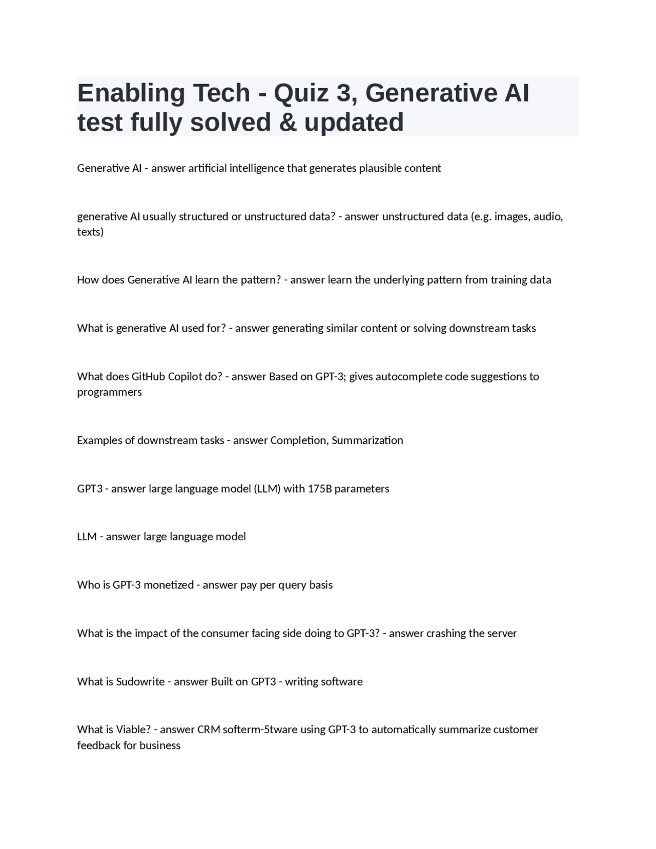 Enabling Tech - Quiz 3, Generative AI test fully solved & updated.docx ...