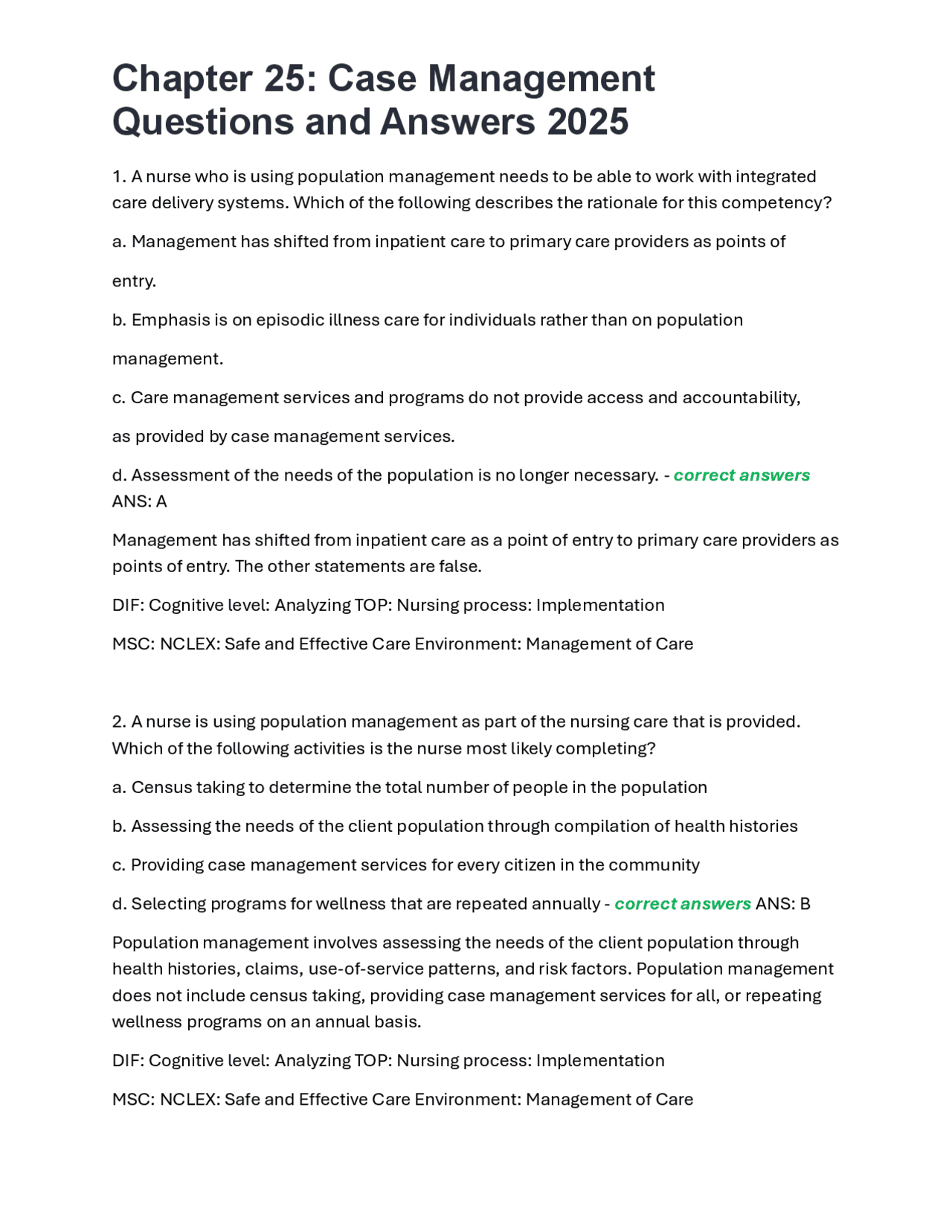 Case Management in Nursing: Questions and Answers | Exams Nursing | Docsity