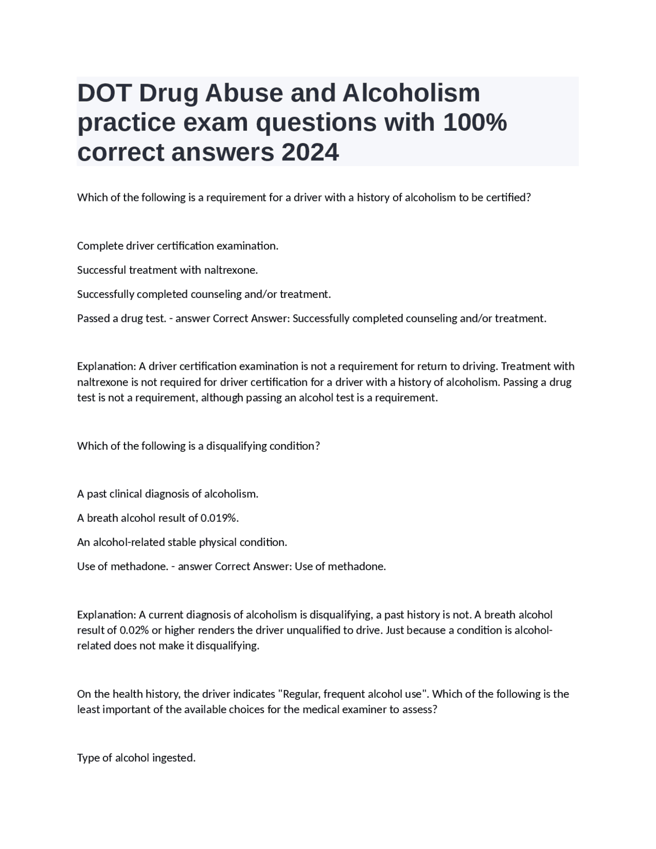 DOT Drug Abuse and Alcoholism practice exam questions with 100% correct ...