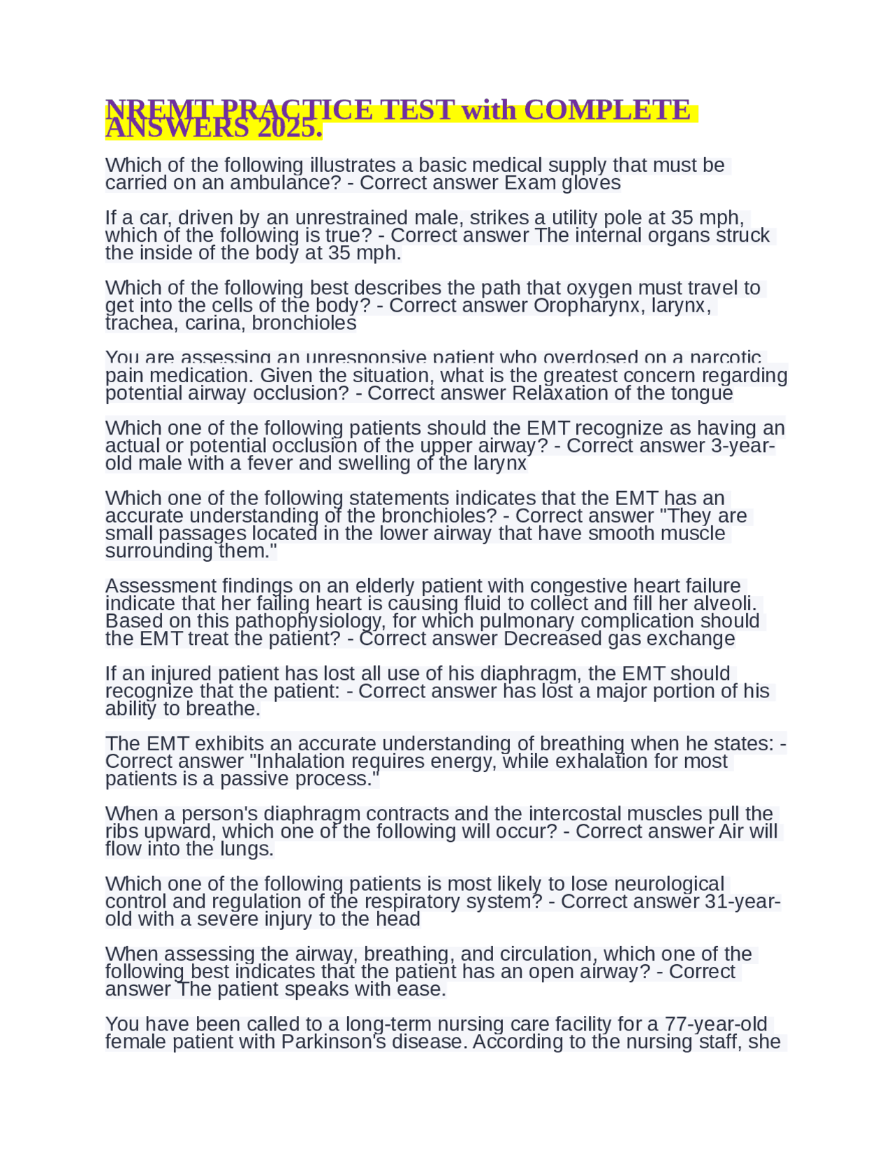 NREMT PRACTICE TEST with COMPLETE ANSWERS 2025. | Exams Nursing | Docsity