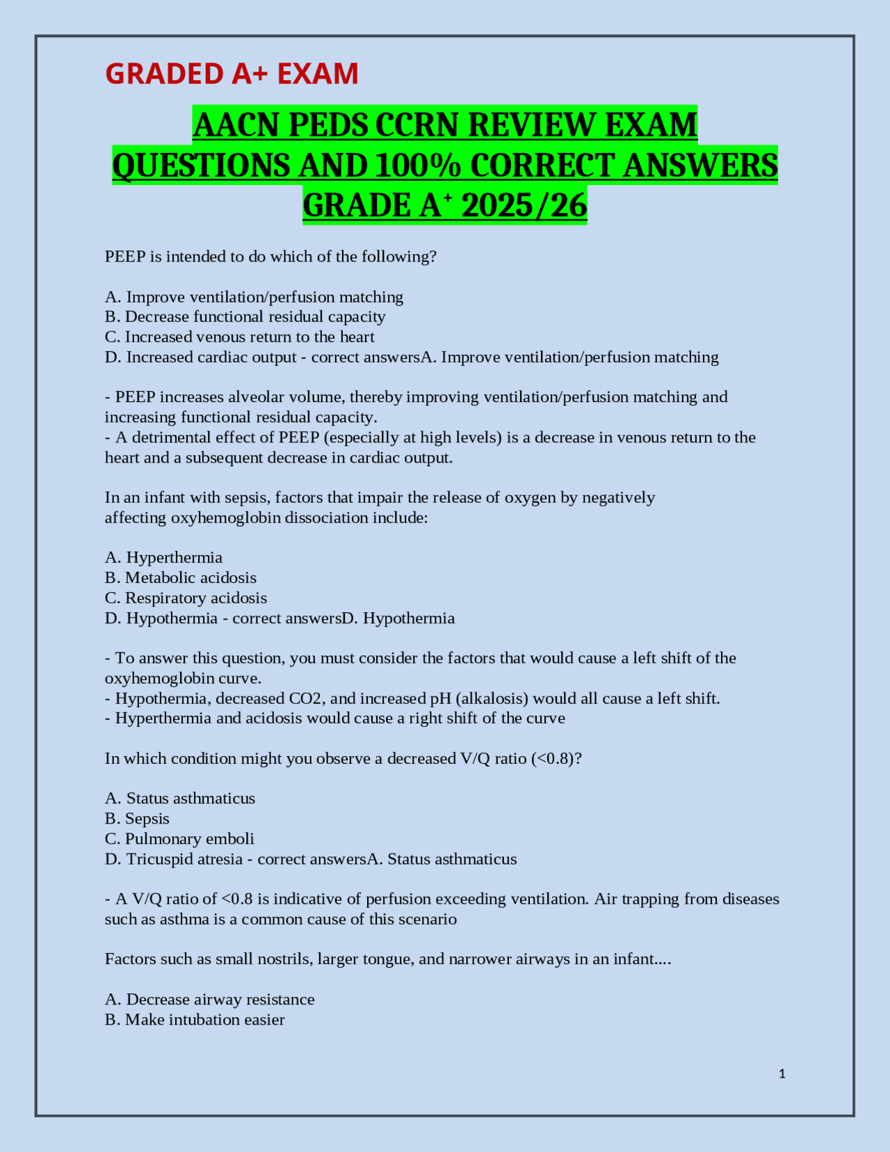 AACN PEDS CCRN REVIEW EXAM QUESTIONS AND 100% CORRECT ANSWERS GRADE A+ ...