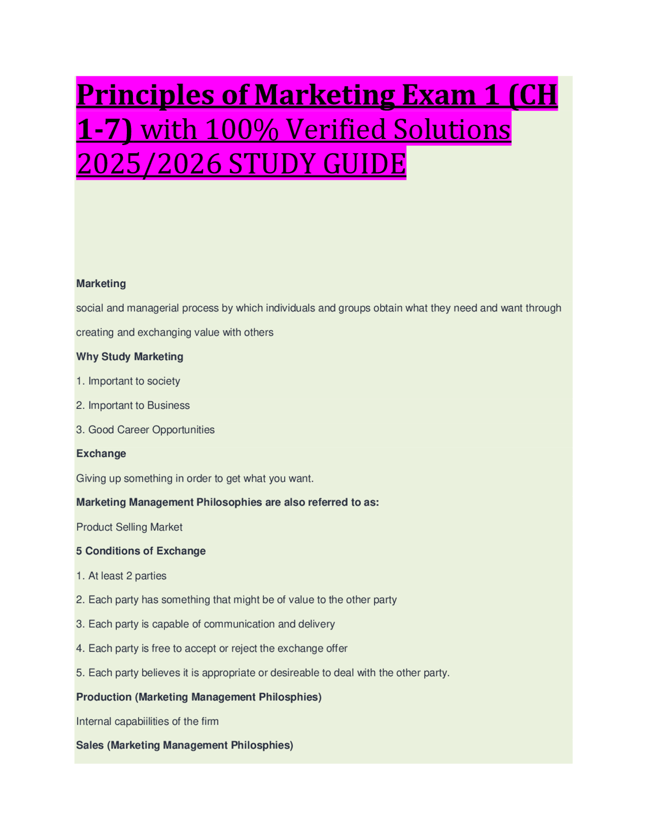 Principles of Marketing Exam 1 (CH 1-7) with 100% Verified Solutions ...