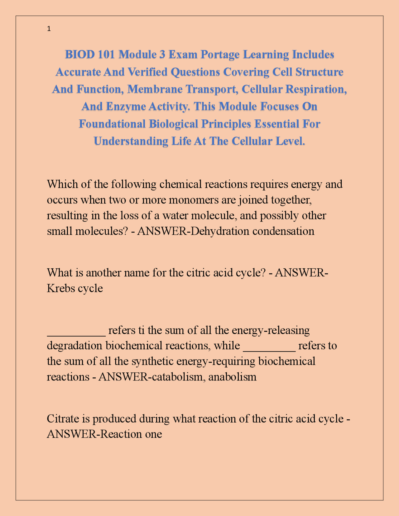 BIOD 101 Module 3 Exam Portage Learning Includes Accurate And Verified ...