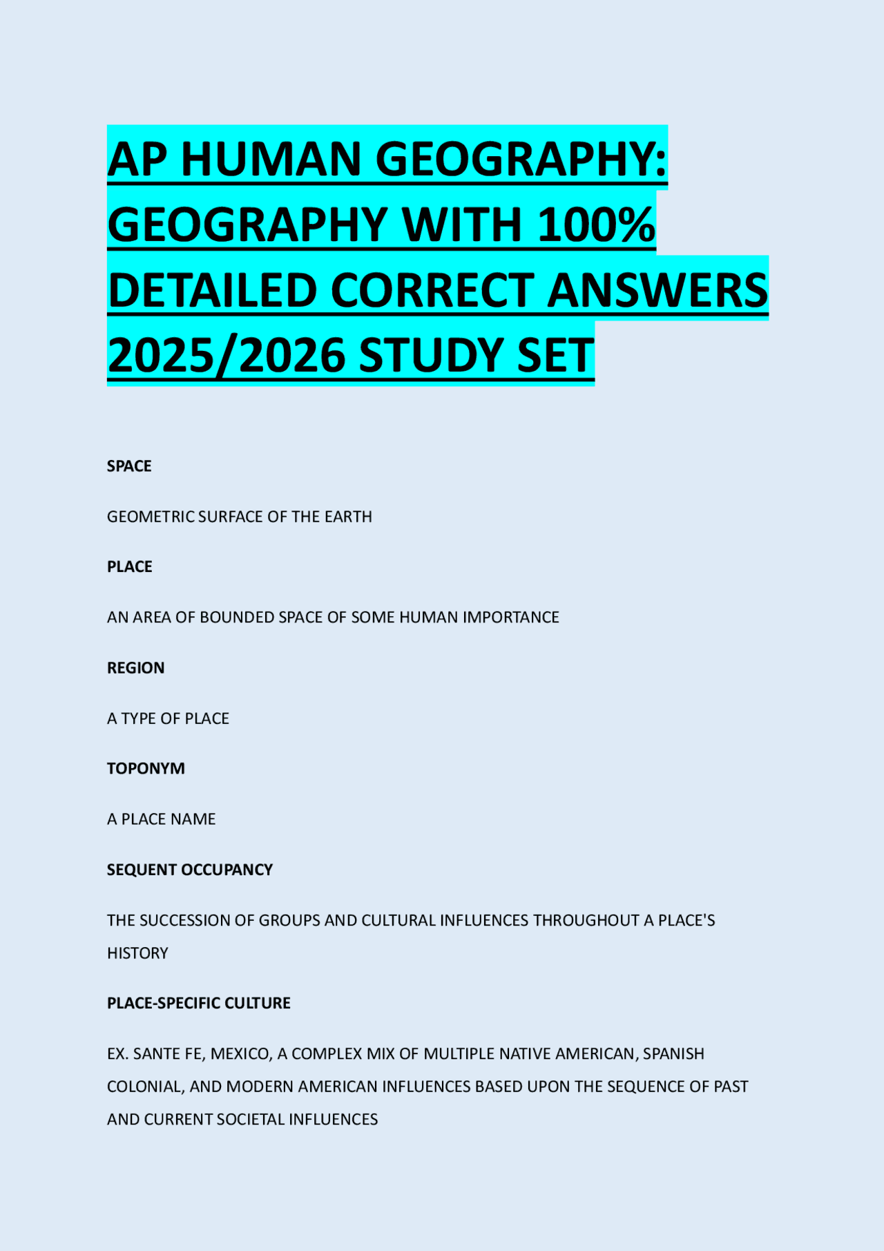 AP HUMAN GEOGRAPHY: GEOGRAPHY WITH 100% DETAILED CORRECT ANSWERS 2025/ ...