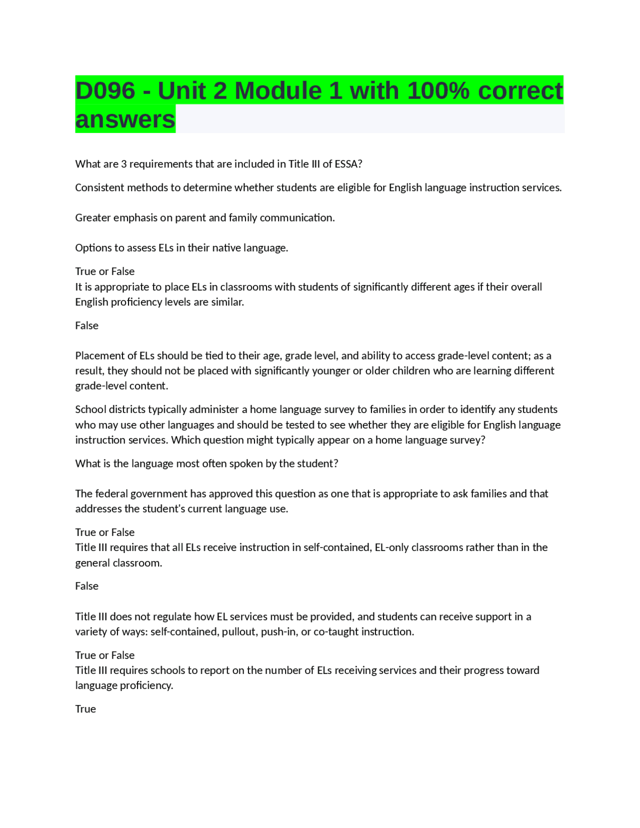 D096 - Unit 2 Module 1 with 100% correct answers.docx | Exams Biology ...